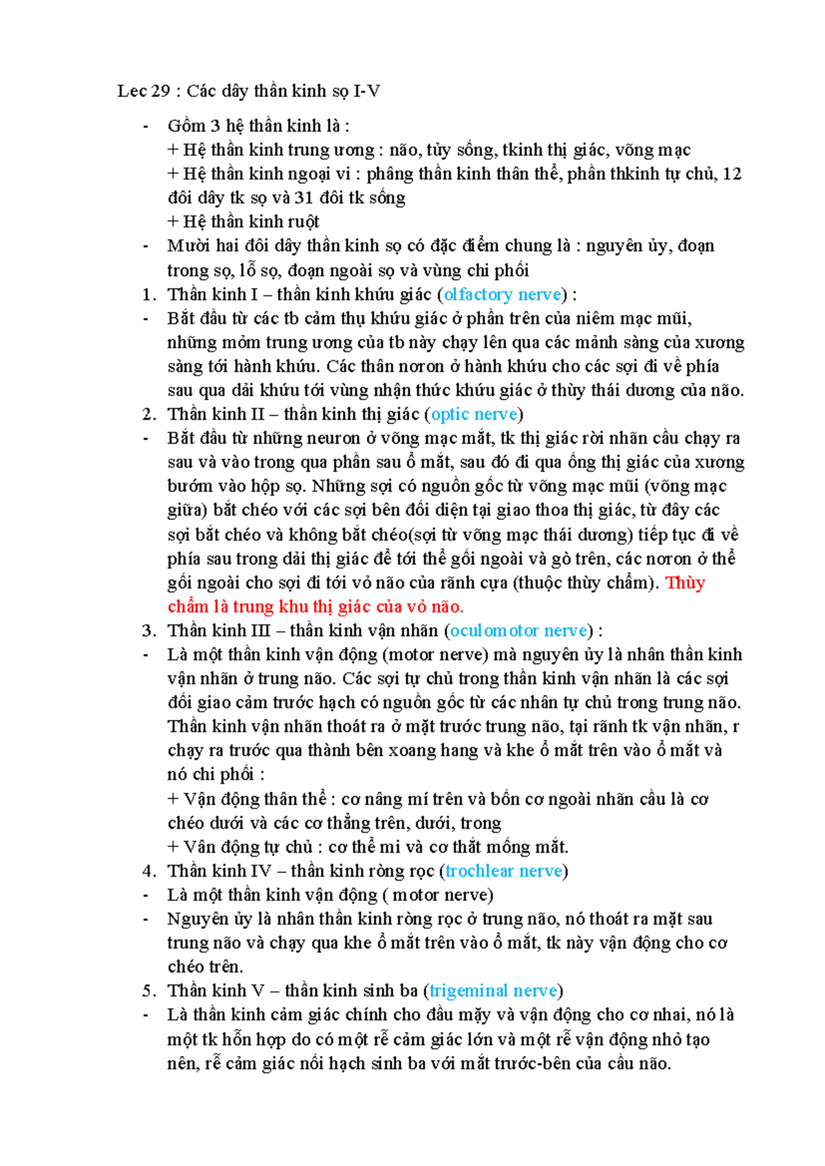 Lec 29: Các Dây Thần Kinh Sọ và Hệ Thần Kinh Trung Ương - Studocu