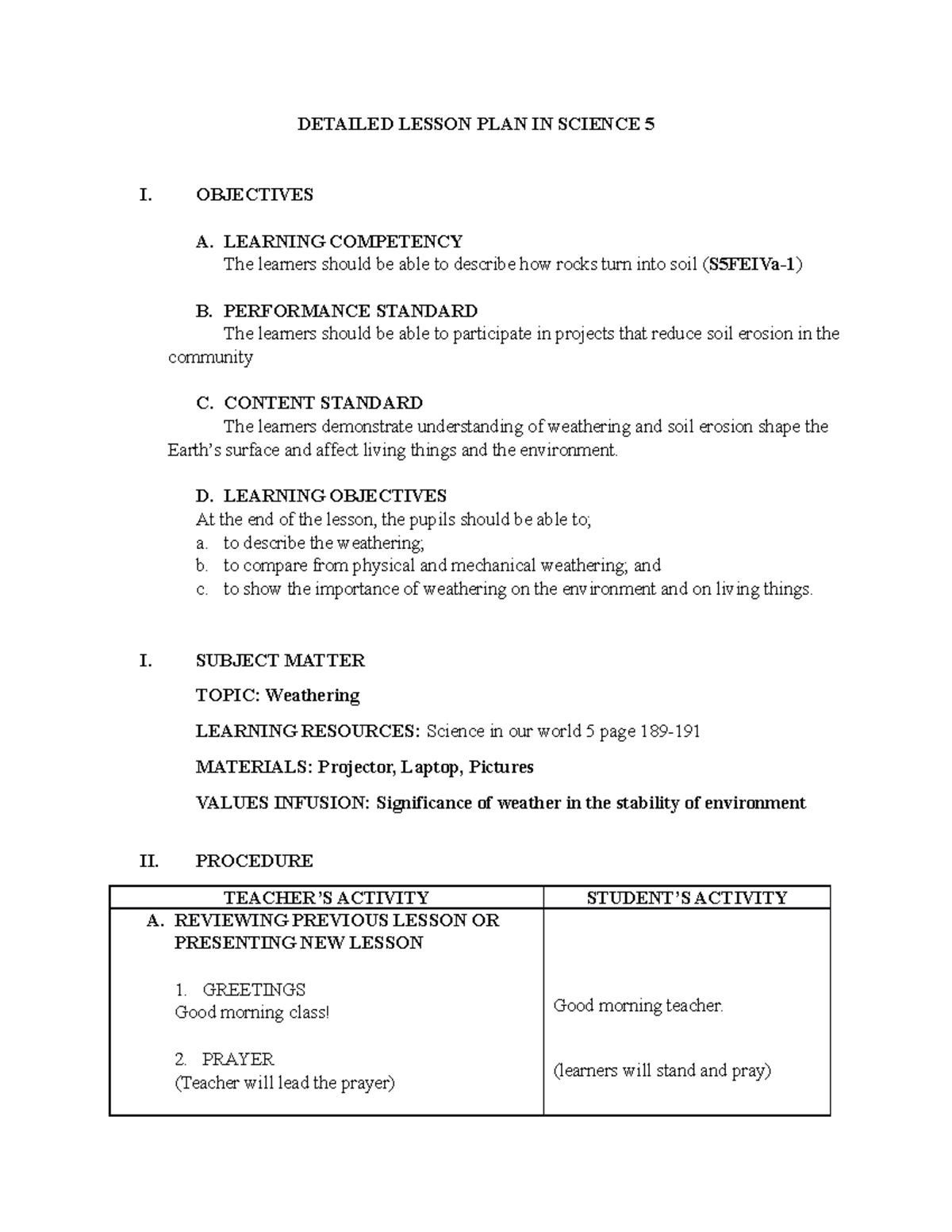Detailed Lesson Plan in Science 5: Understanding Weathering and Soil ...