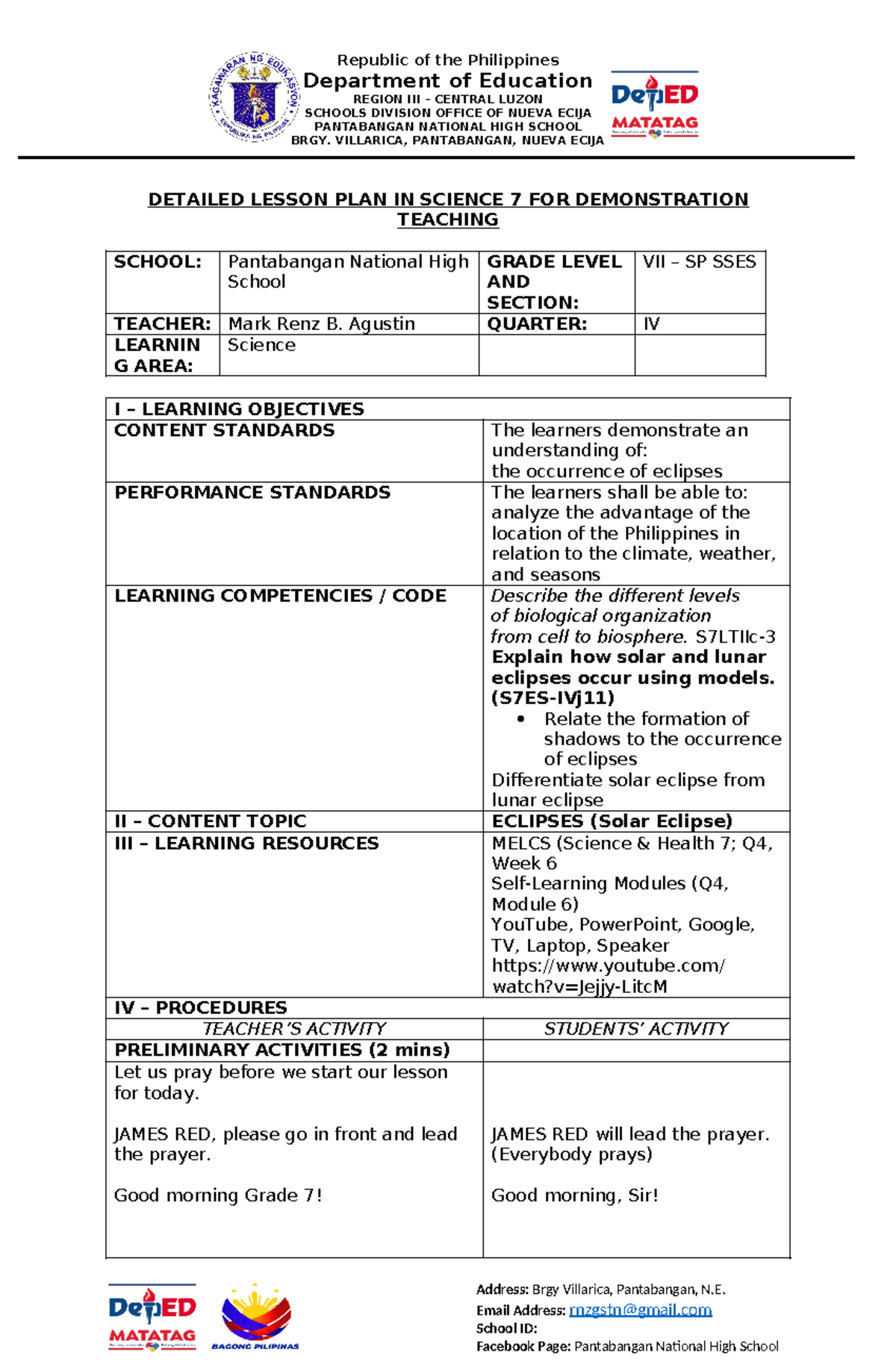 Detailed Lesson Plan in Science 7: Understanding Eclipses for Demo Teaching - Studocu