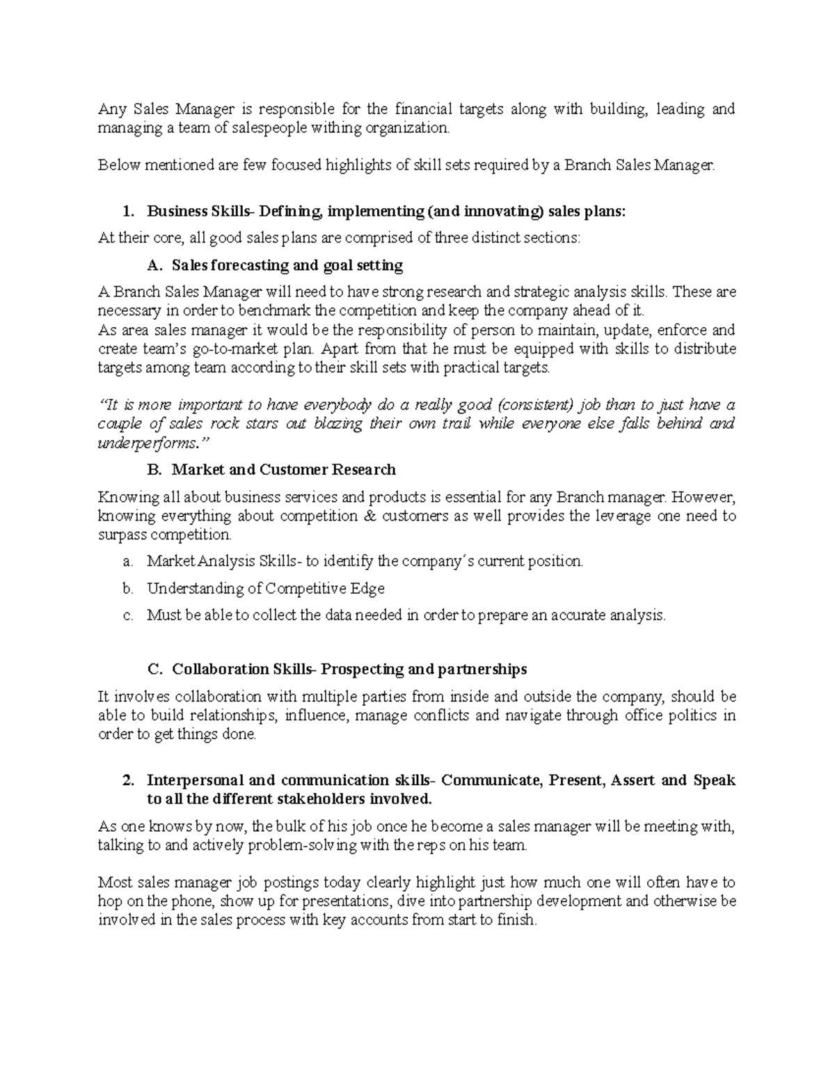 Branch Sales Manager - Competency Mapping - Any Sales Manager is ...