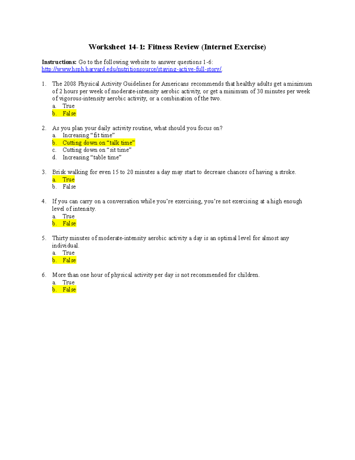 Worksheet 14-1 - Basic Nutrition Assignment - Worksheet 14-1: Fitness ...