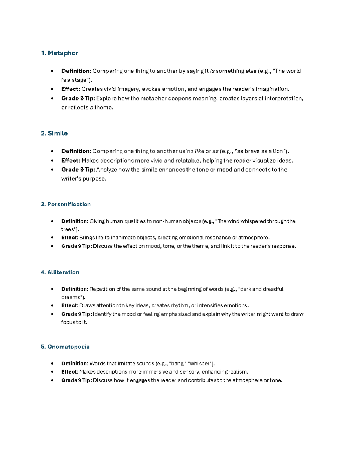 English Language Revision - 1. Metaphor • Definition: Comparing one ...