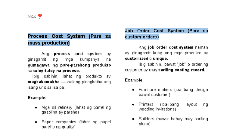 Cost Accounting Notes: Process vs. Job Order Cost Systems - Studocu