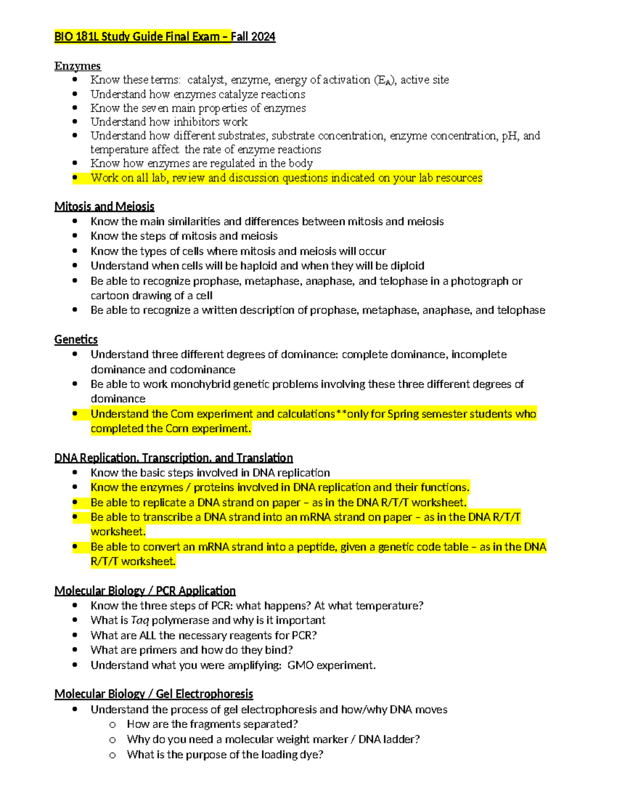 BIO 181L Final Exam Study Guide F24: Enzymes, Mitosis, Genetics & PCR ...