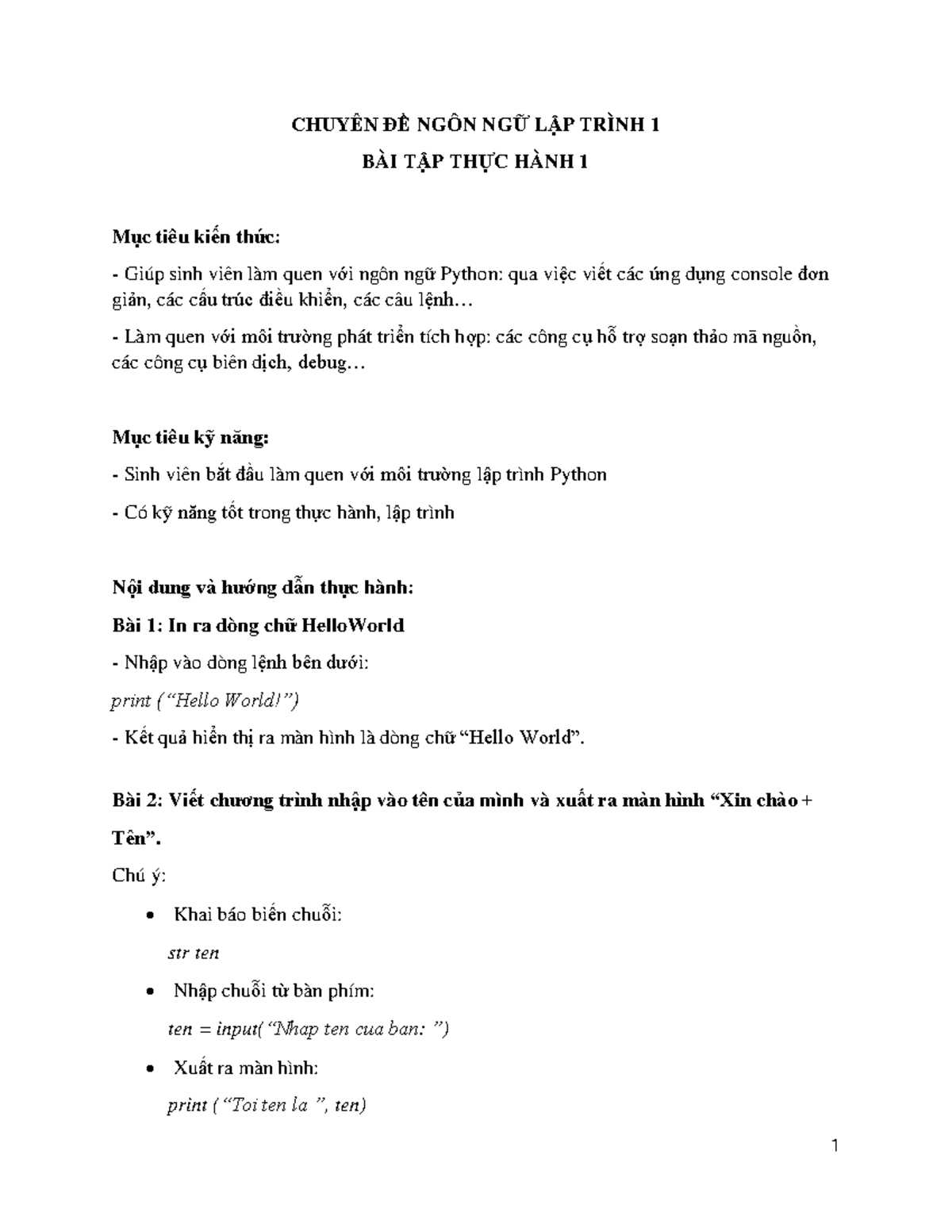 Bai thuc hanh so 1 - thuc hanh nnlt python - CHUYÊN ĐỀ NGÔN NGỮ LẬP TRÌNH 1 BÀI TẬP THỰC HÀNH 1 ...