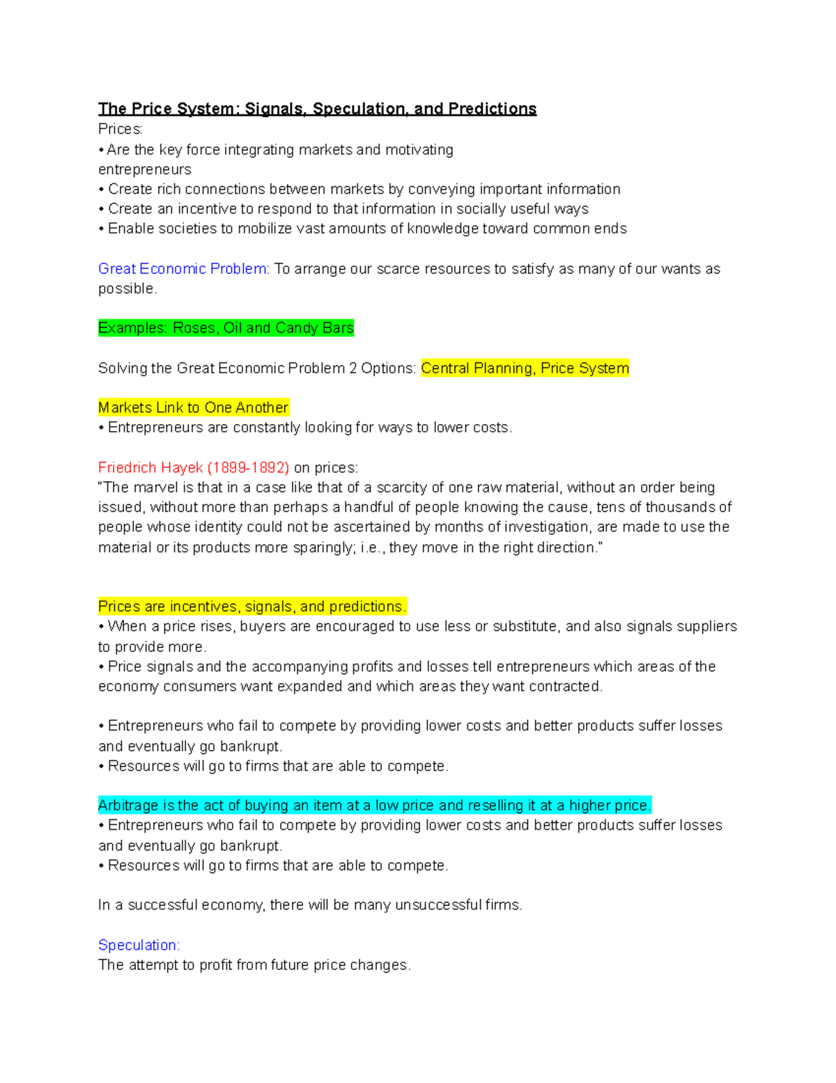 Microeconomics Notes - The Price System: Signals, Speculation, and ...
