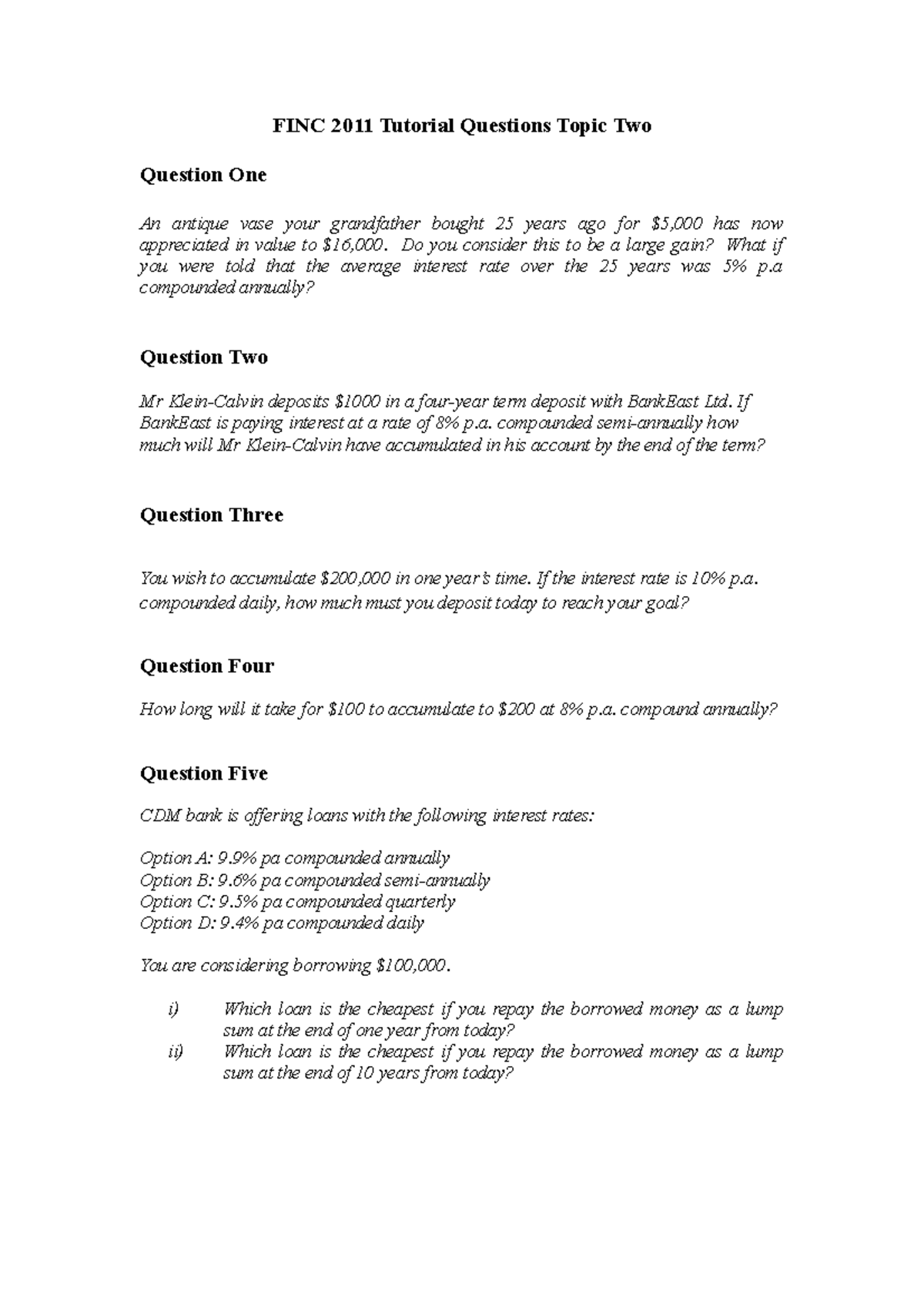 Topic 2 FINC 2011 Tutorial Questions - FINC 2011 Tutorial Questions ...