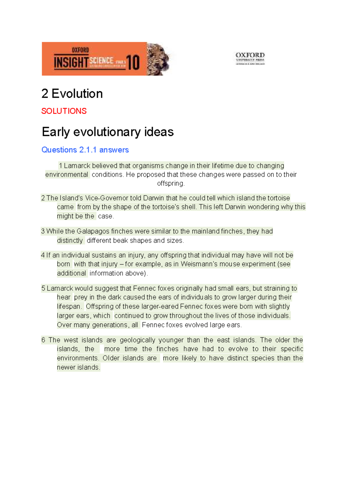 Evolution SOLUTIONS: Early Ideas & Theories (Course Code: 2) - Studocu
