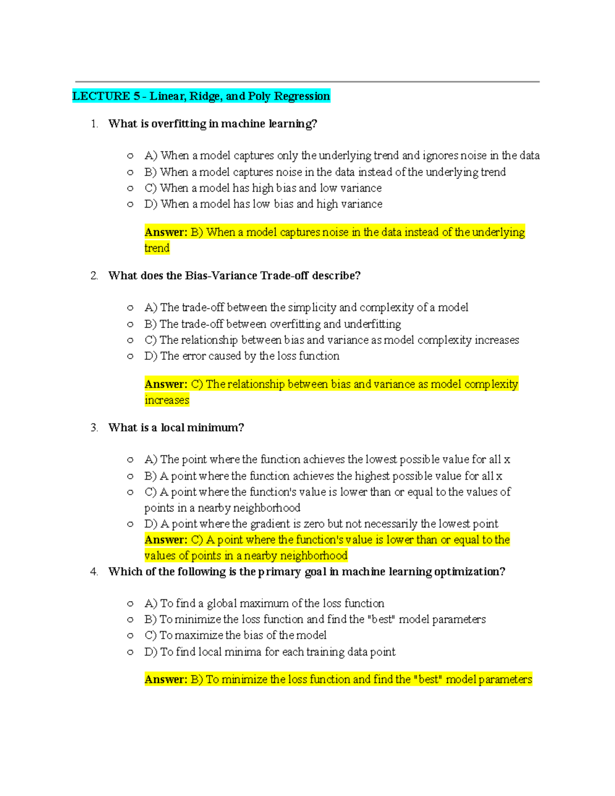 EE2211 final notes - LECTURE 5 - Linear, Ridge, and Poly Regression 1 ...