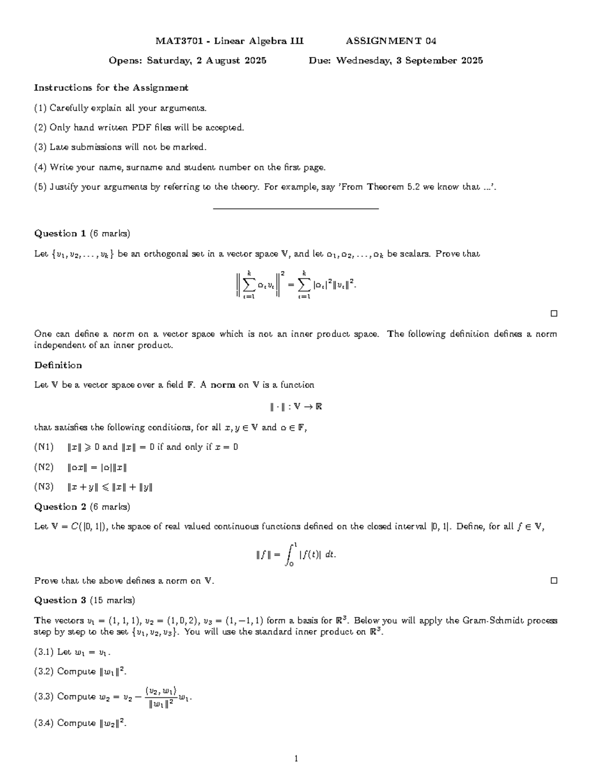 MAT3701 Linear Algebra Assignment 04 Instructions and Questions - Studocu