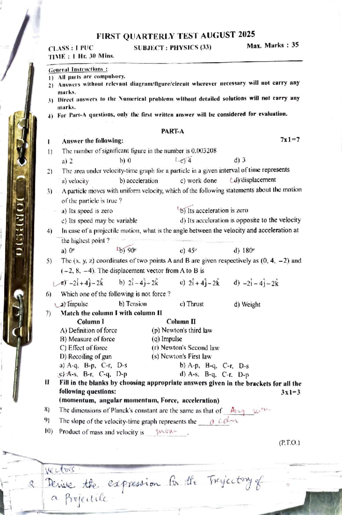 I Quarterly Test Aug 2025 - Class I PUC Physics (33) Notes - Studocu