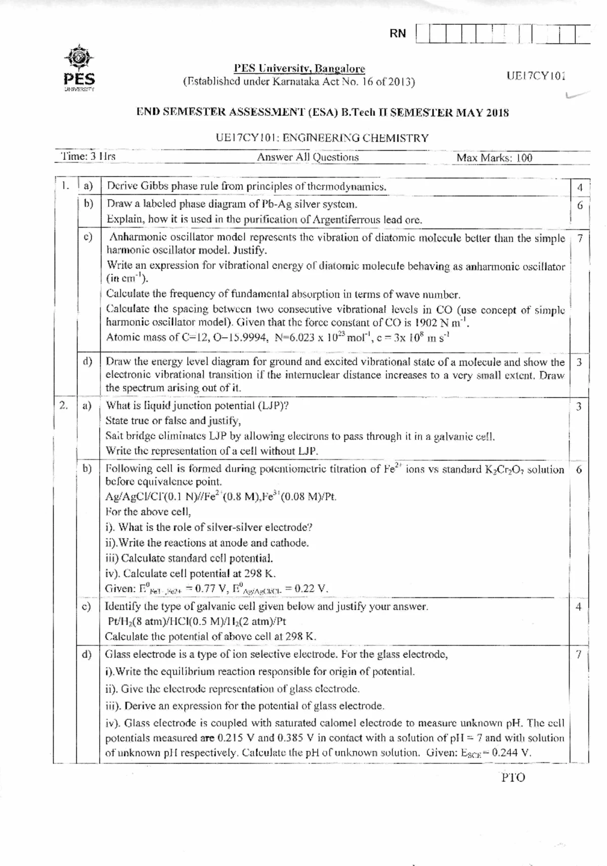 UE15CY101A - Previous year question paper. - SRN PES University ...