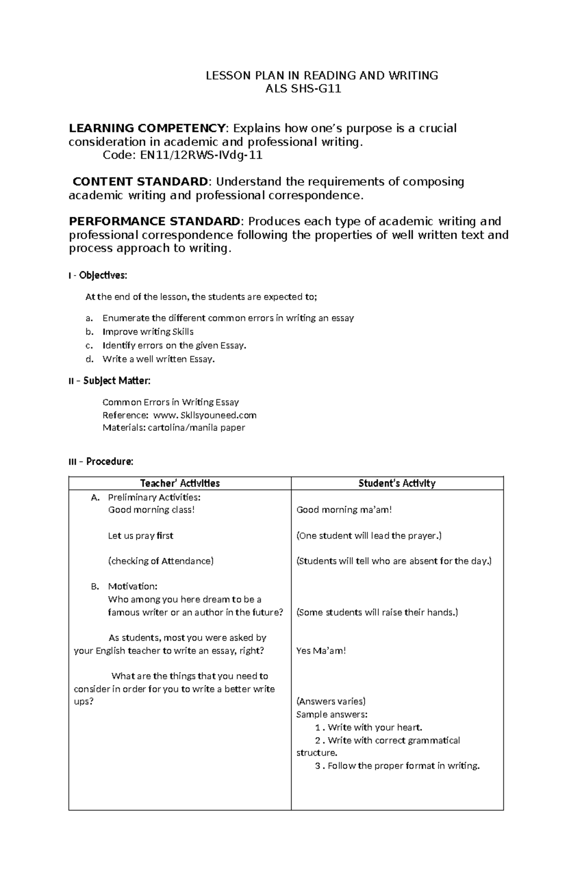 Ra W-G11 - Lesson Plan on Essay Writing & Application Letters - Studocu