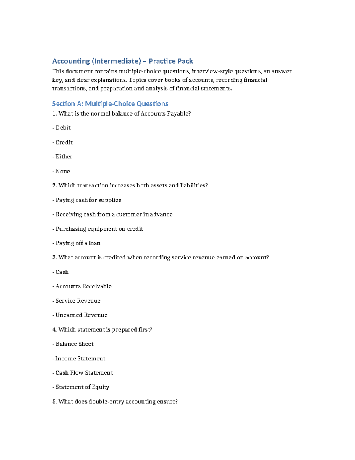 Accounting (Intermediate) Full Practice Pack: Questions & Answers - Studocu