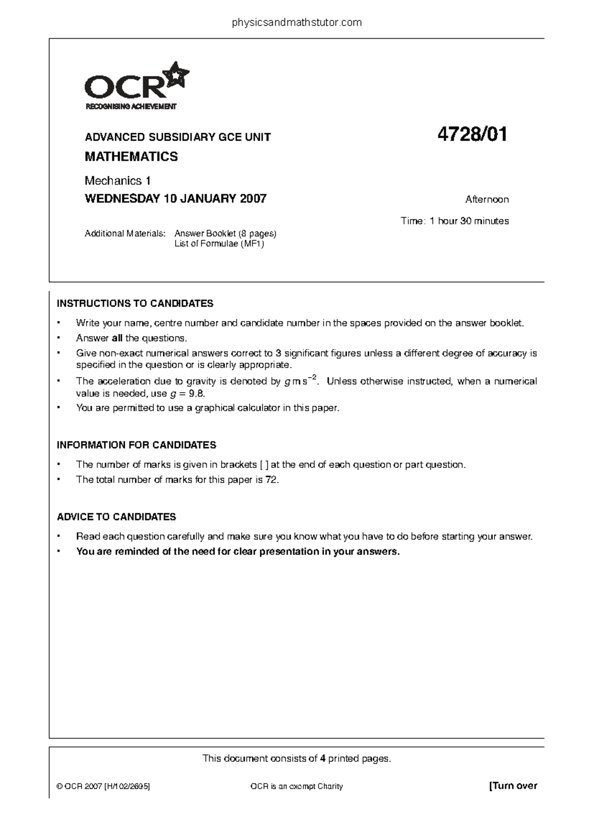 GCE A Level Mathematics Mechanics 1 Exam - January 2007 - Studocu