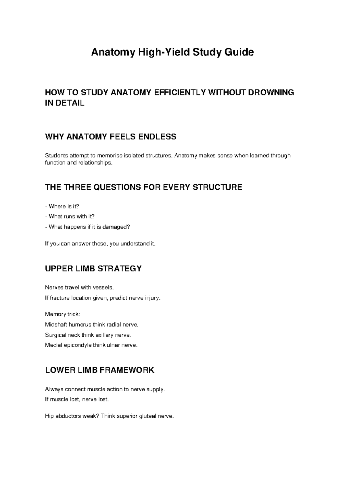 Anatomy High Yield Study Guide: Efficient Study Strategies - Studocu