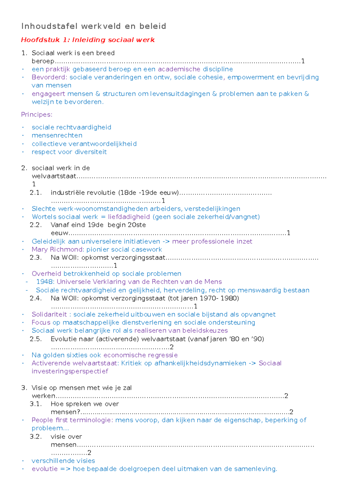 Inhoudstafel Werkveld en Beleid in Sociaal Werk (Hoofdstuk 1-3) - Studocu