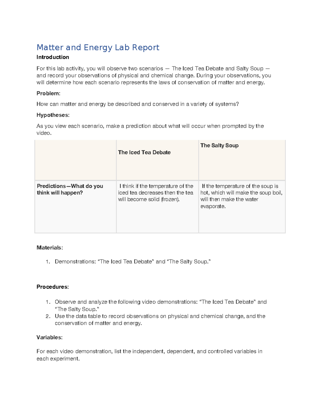1.06 Matter and Energy Lab Report: Observations on Changes and ...