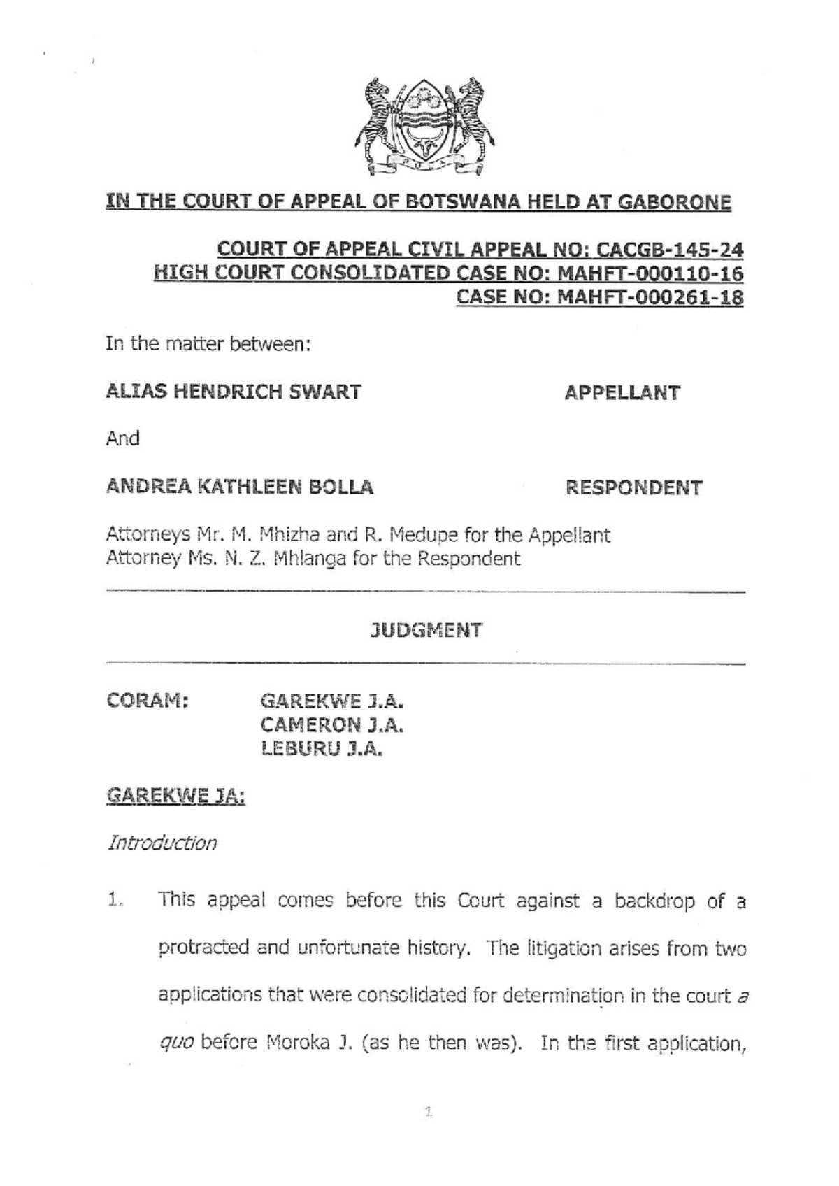 Alias Swart v Andrea Bolla - Court of Appeal Judgment Analysis - Studocu