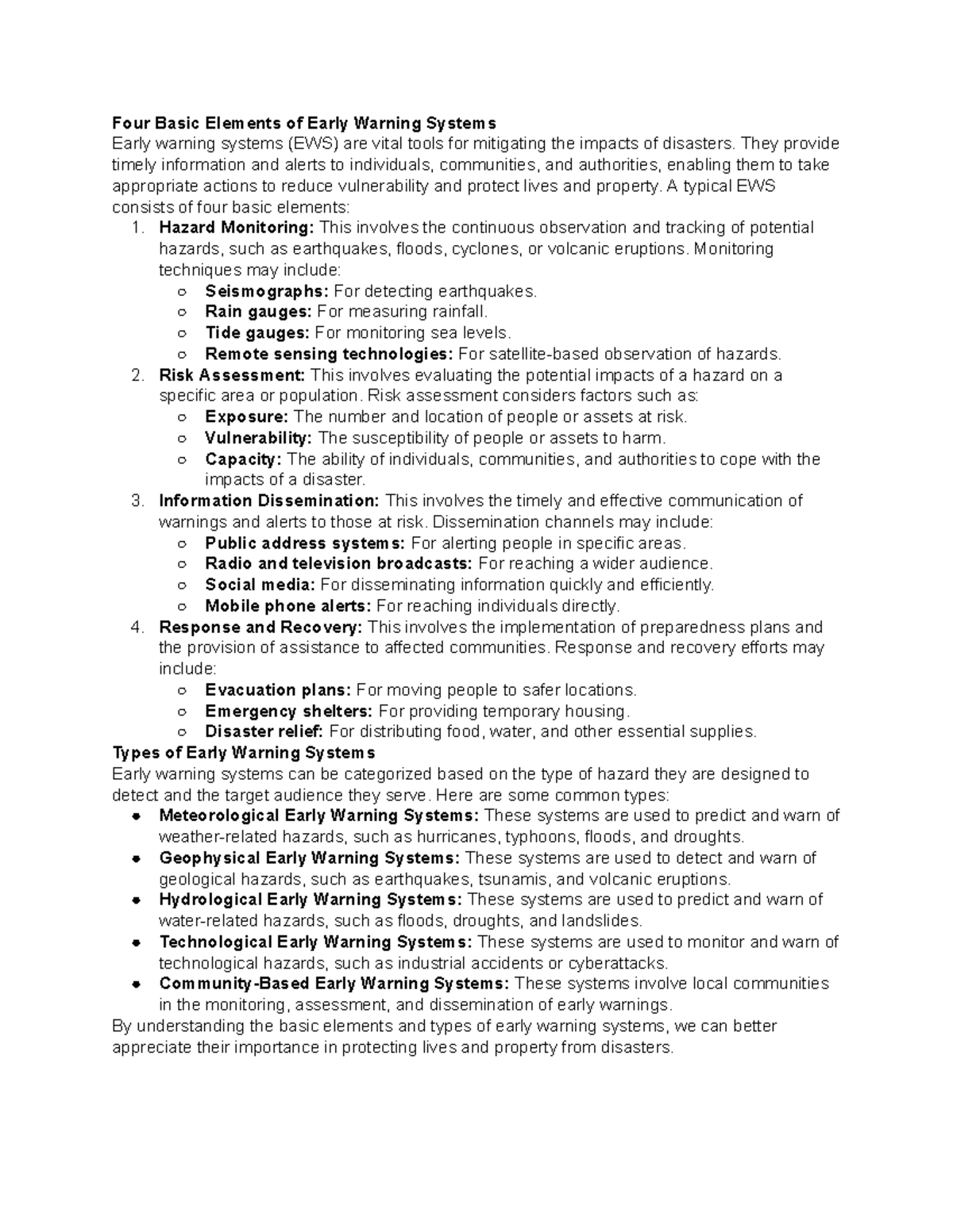 EWS 101: Four Basic Elements & Types of Early Warning Systems - Studocu