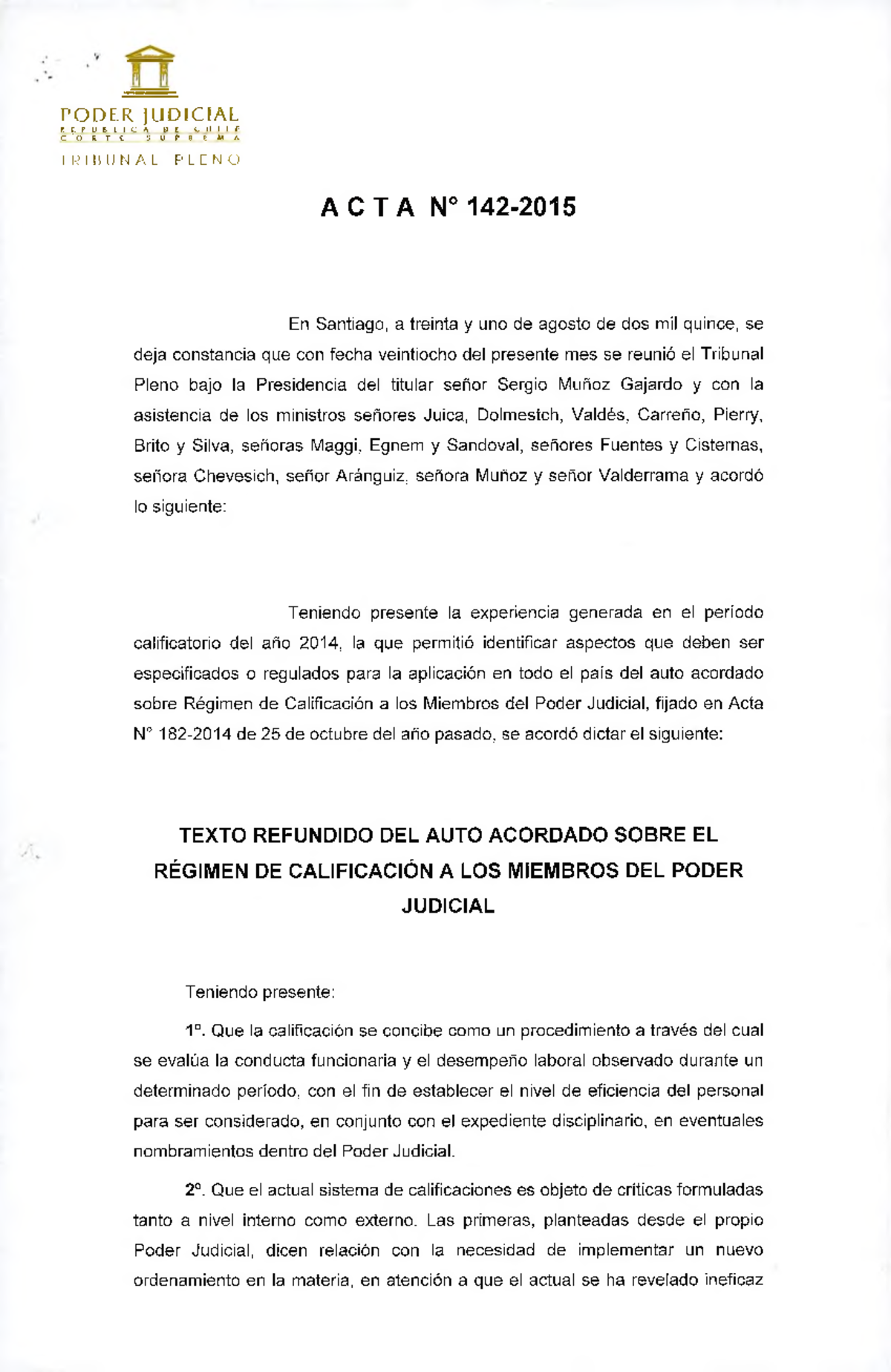 Acta 142-2015: Sistema de Calificación Poder Judicial Chile - Studocu