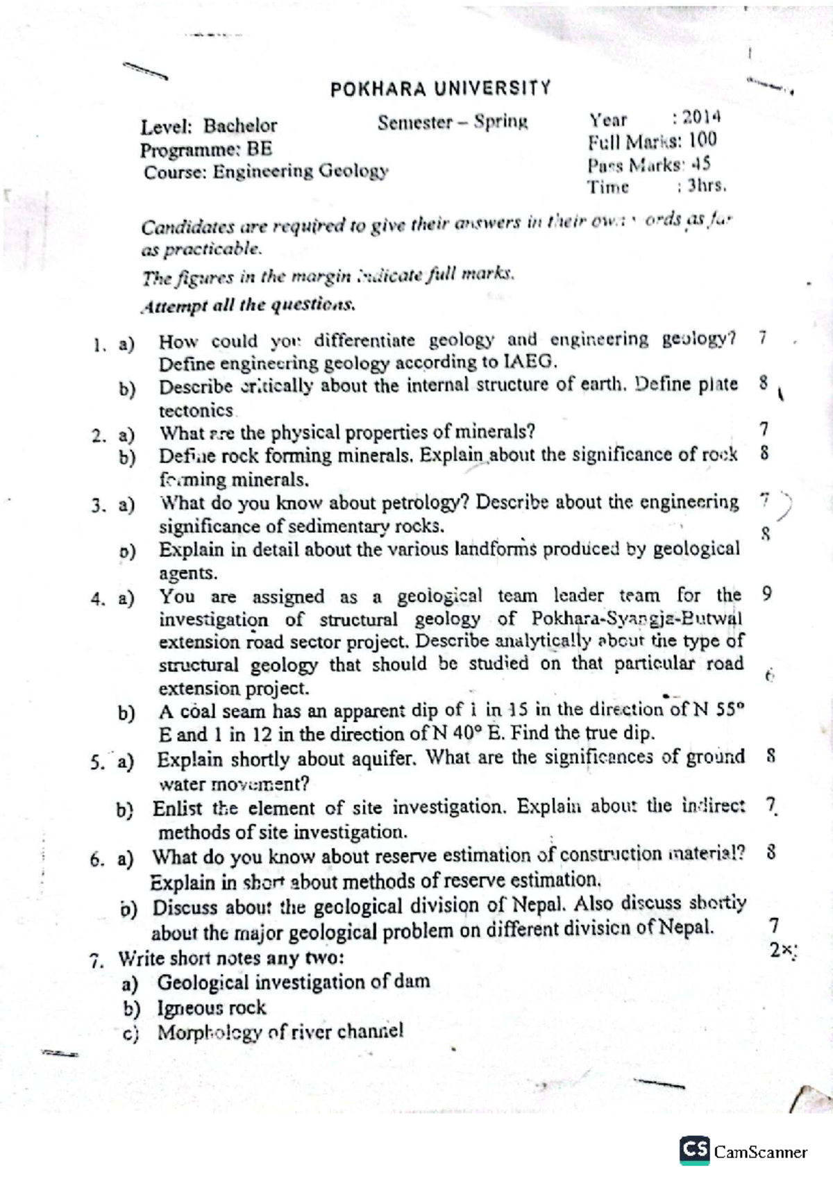 Engineering Geology Exam Questions Set 1 Be 2014 2021 Studocu
