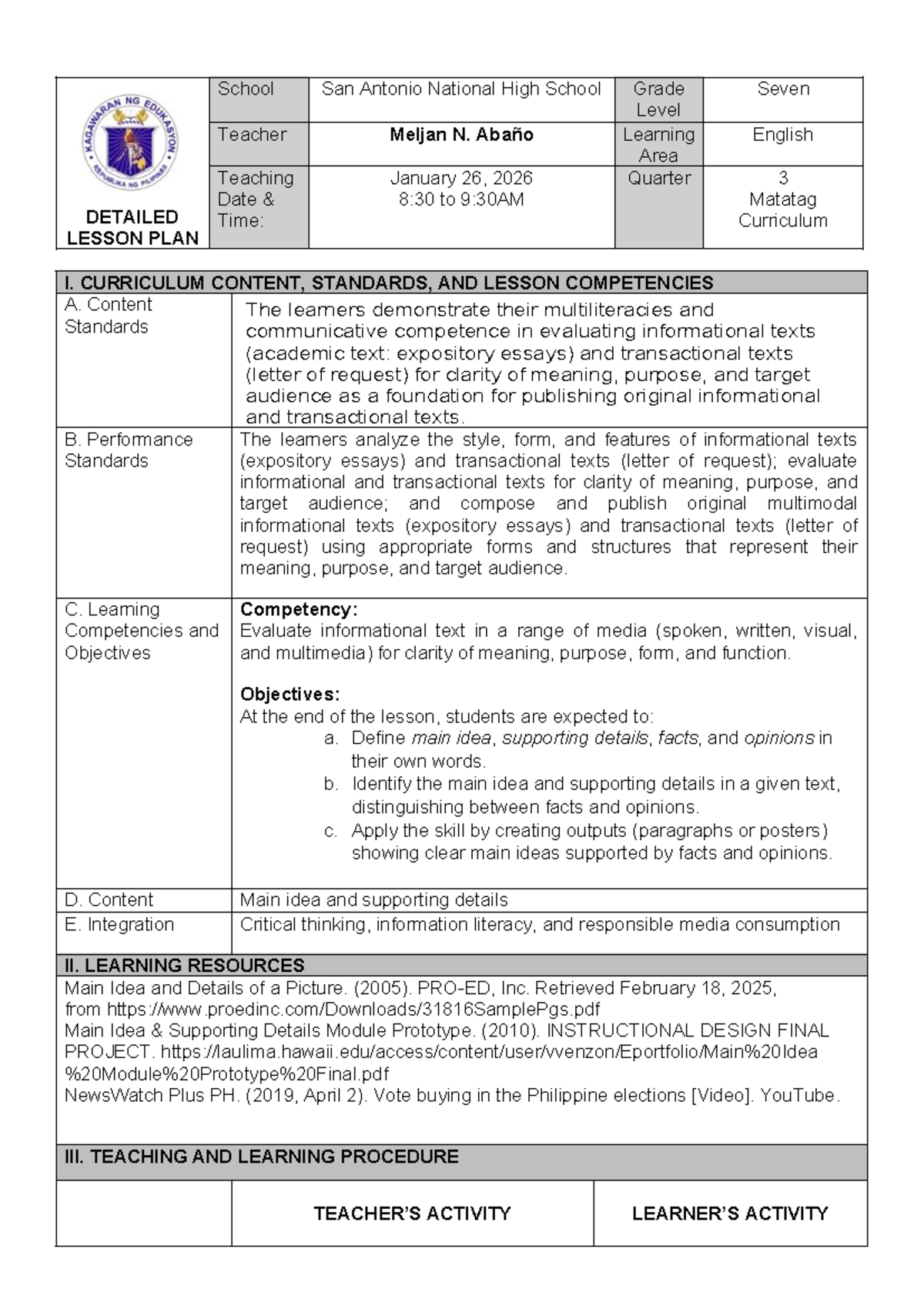 Facts vs. Opinions: Detailed Lesson Plan for English 3 (DLP) - Studocu