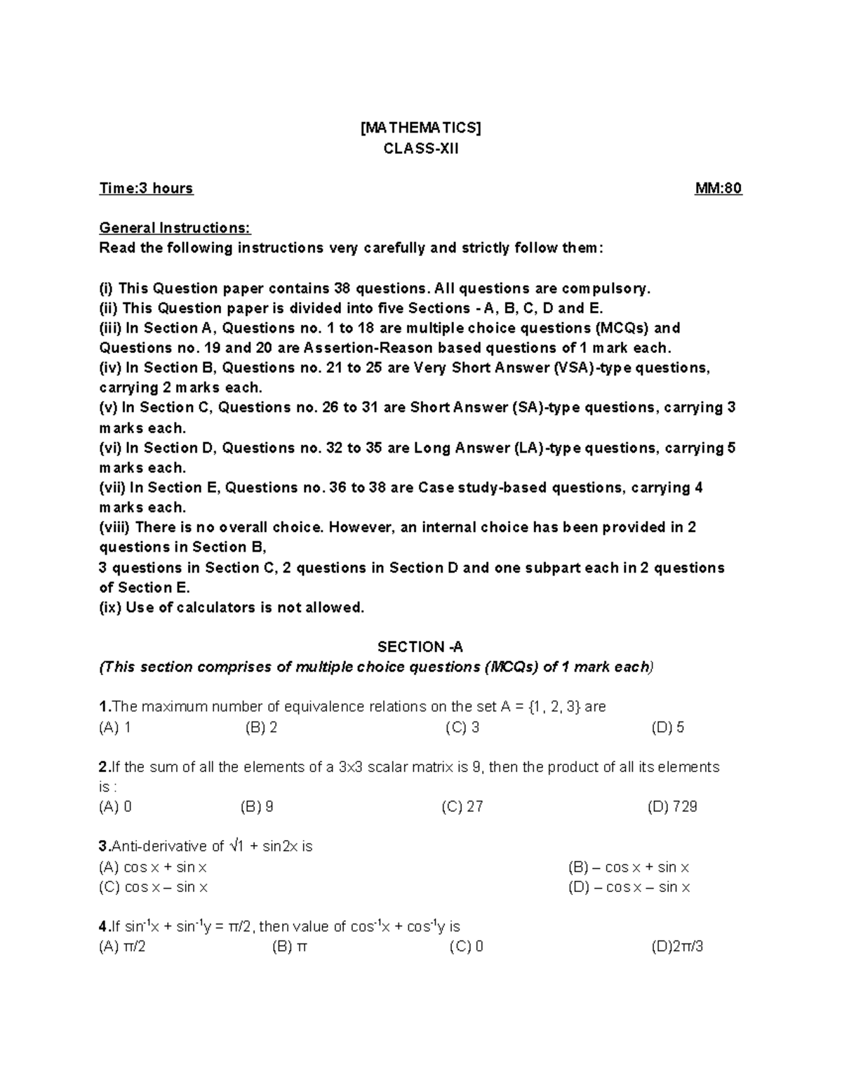 Class 12 Maths - Final Exam Question Paper with 38 Questions - Studocu