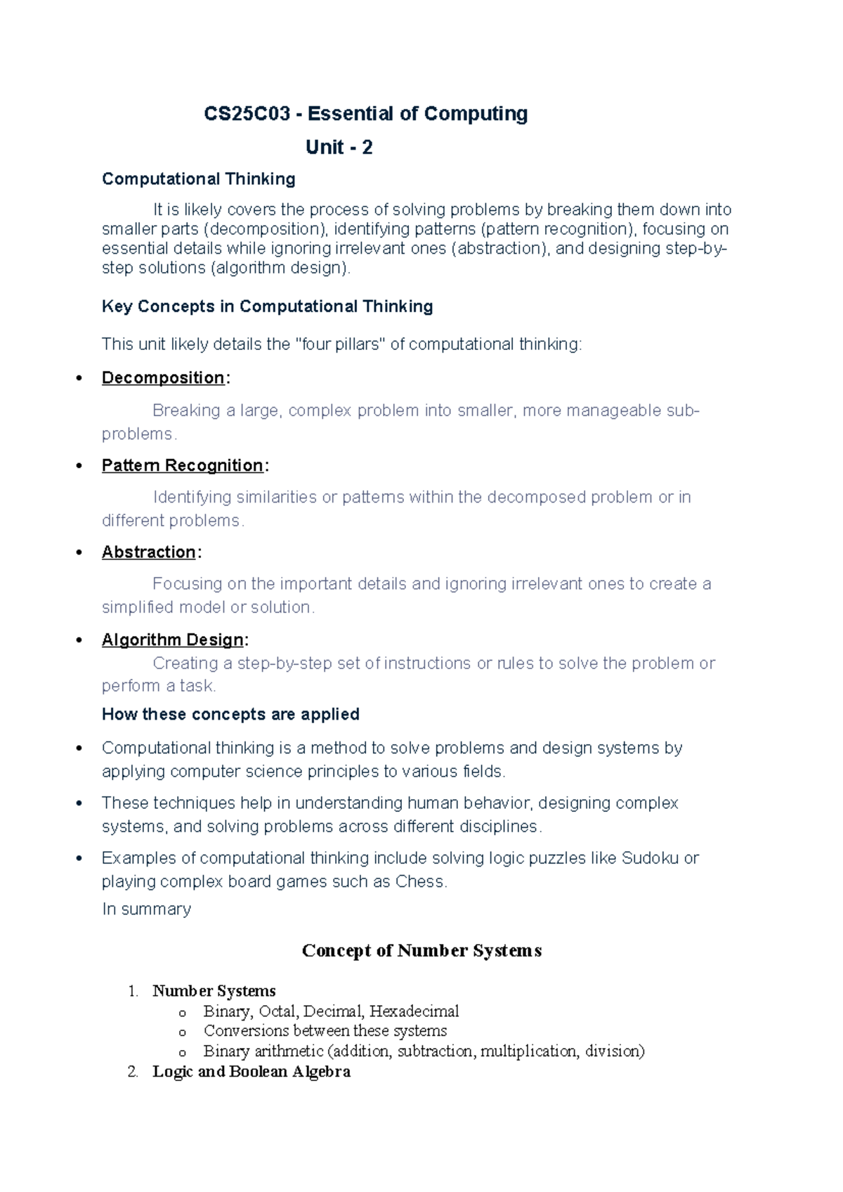 CS25C03 Unit 2: Number Systems & Computational Thinking Concepts - Studocu