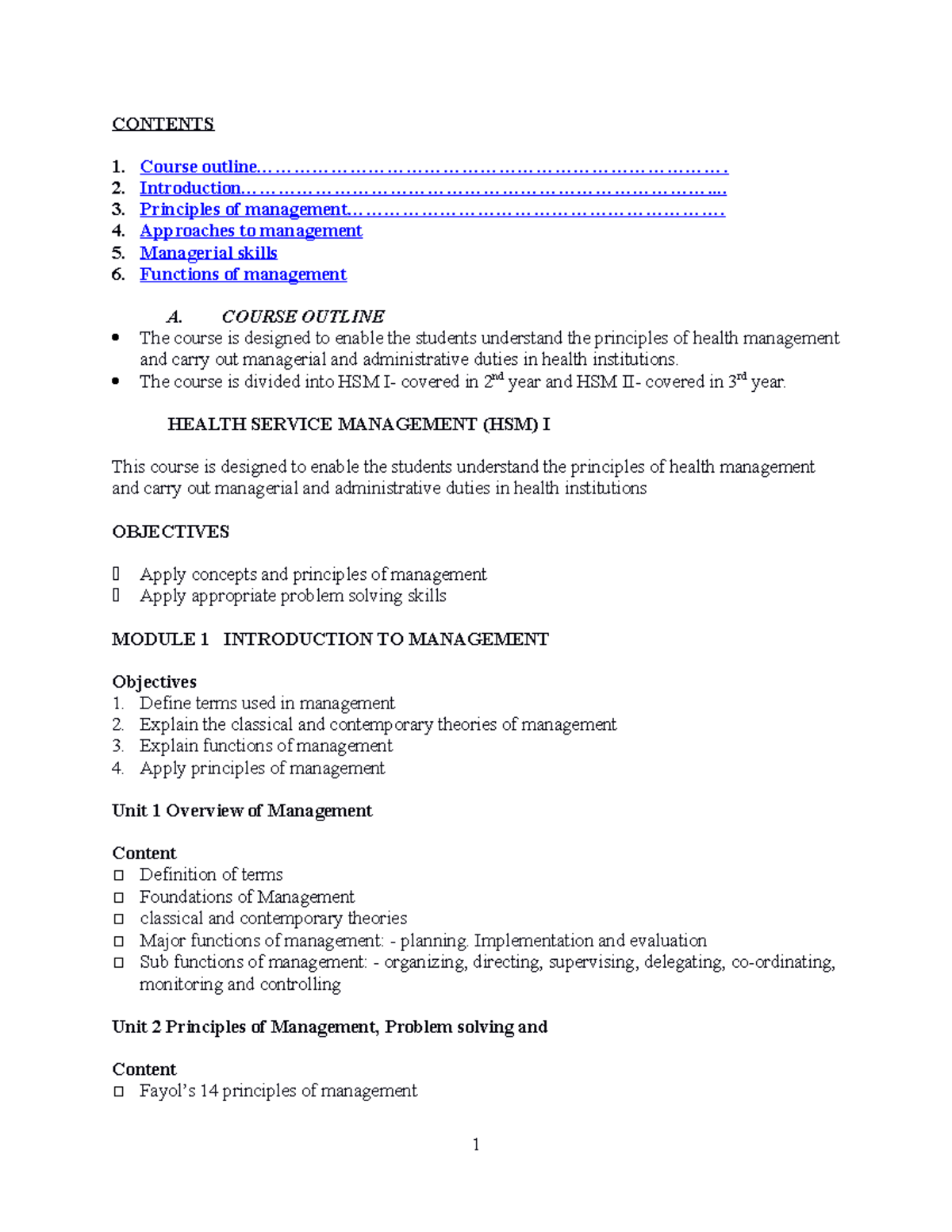 Health Service Management (HSM) I - Principles and Approaches Overview ...
