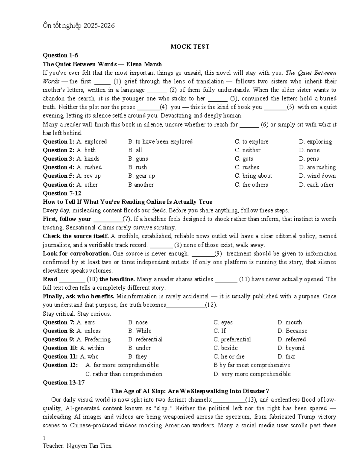 Ôn Tốt Nghiệp: Mock Test on Social Media & Misinformation - Studocu
