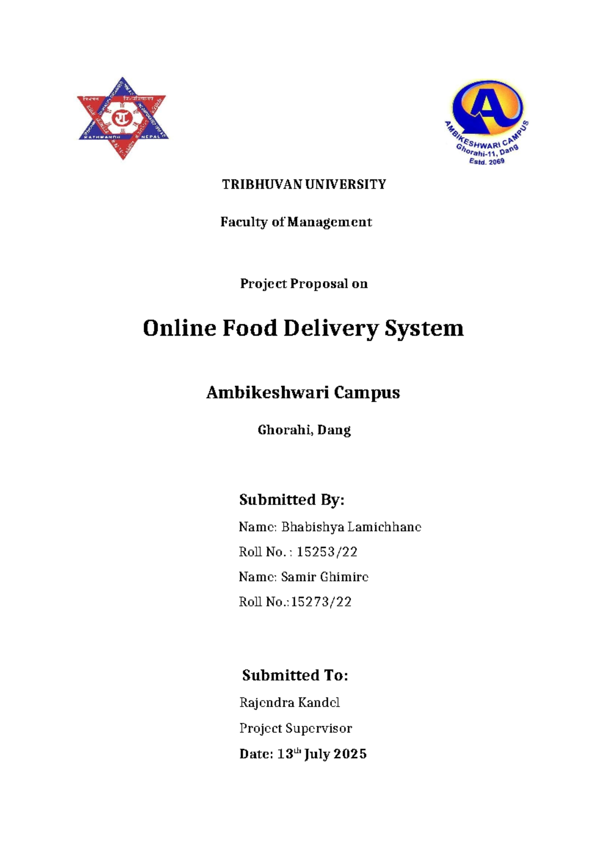 TRIBHUVAN UNIVERSITY Project Proposal: Online Food Delivery System ...