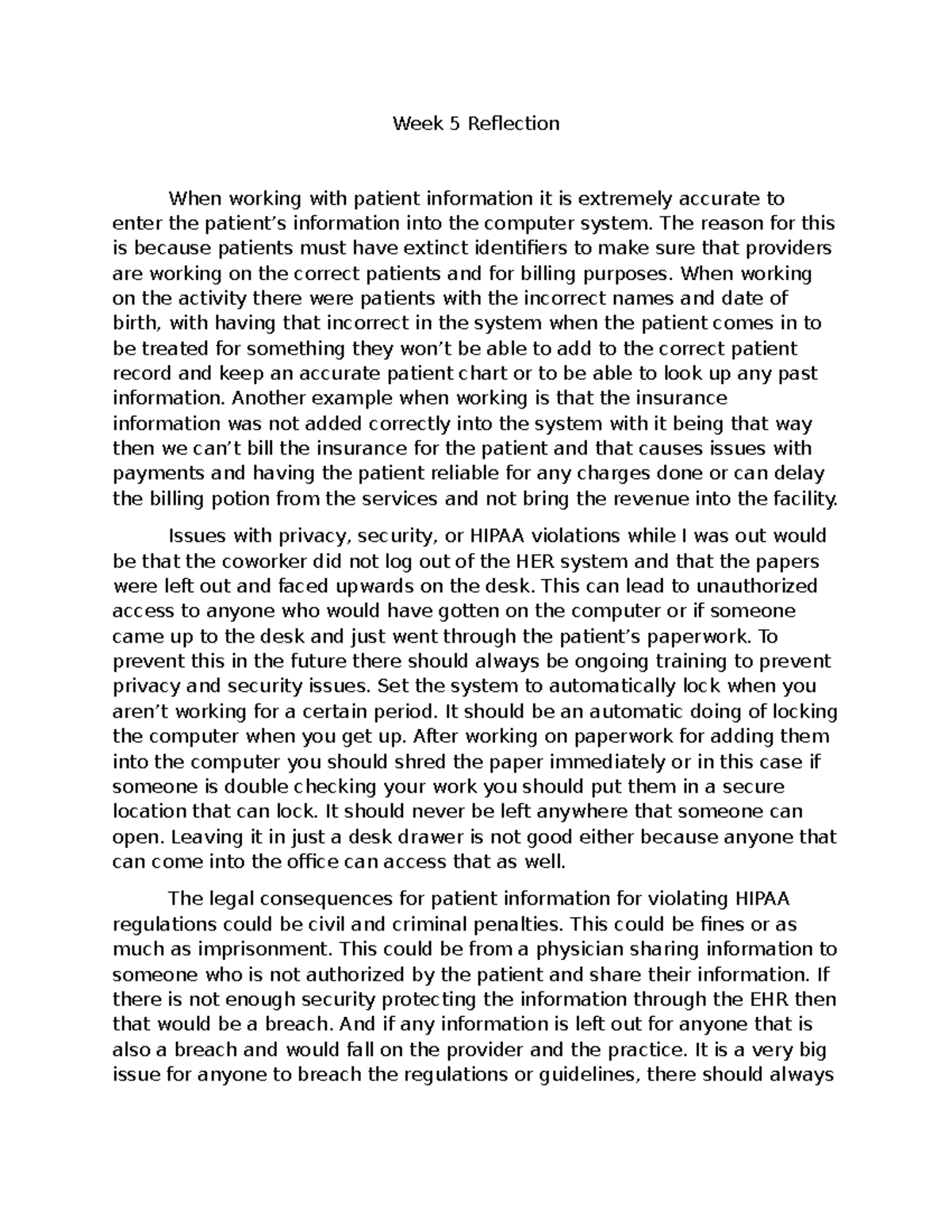 Week 5 Reflection: Ensuring Patient Info Accuracy & HIPAA Compliance ...