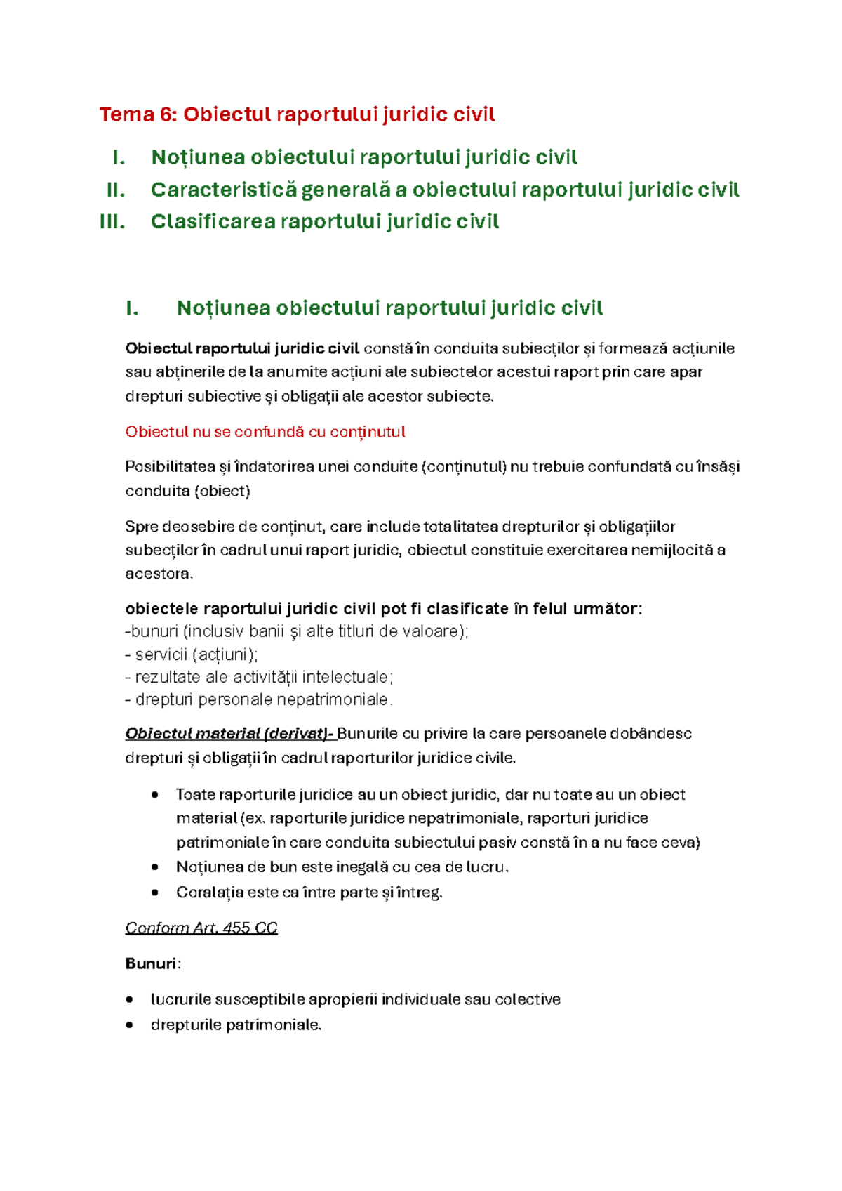 Tema 6: Obiectul raportului juridic civil - Teme de Drept Civil - Studocu