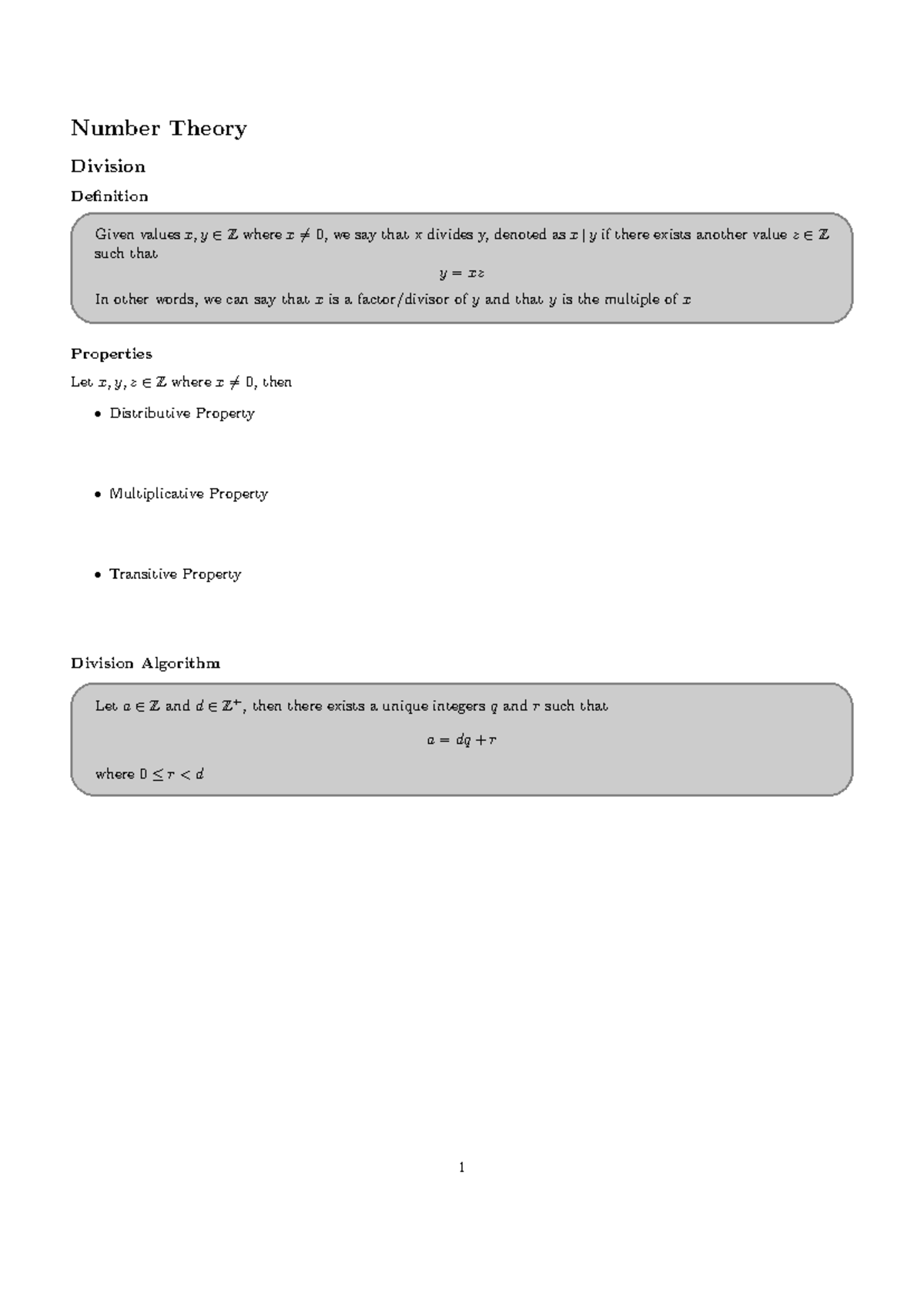 Week 3 - TUTORIAL 3 - Number Theory Division Definition Given values x ...