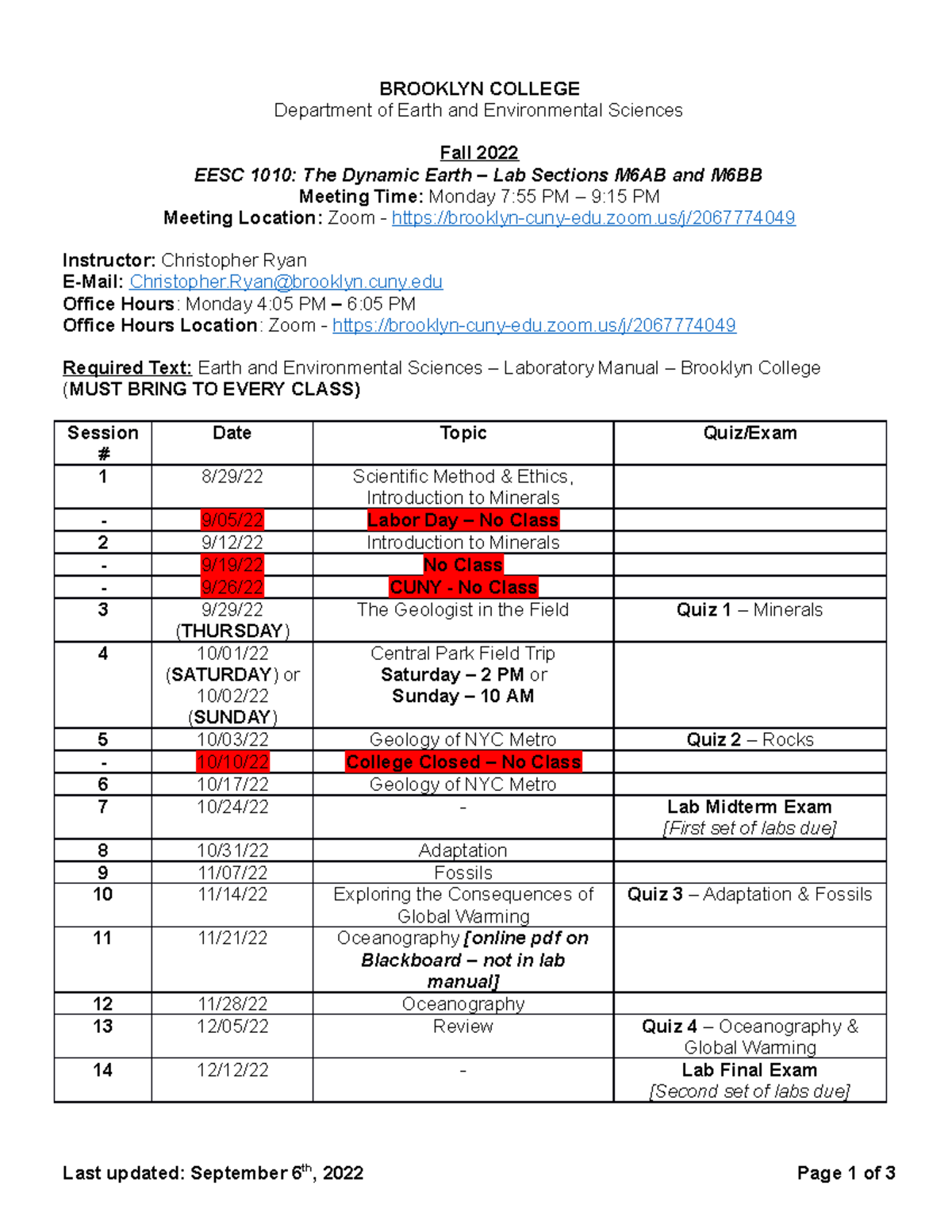 EESC 1010 Dynamic Earth Lab Syllabus Fall 2022 - Studocu