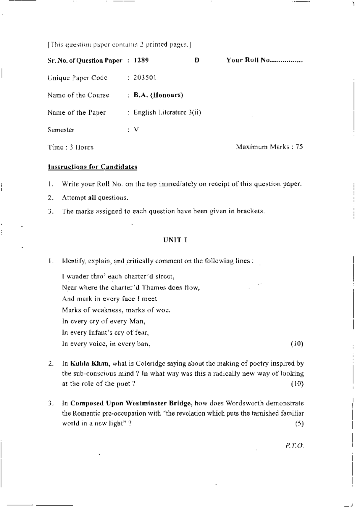 B.A. (Hons) English Literature 3(ii) Sem V Question Paper (1289) - Studocu