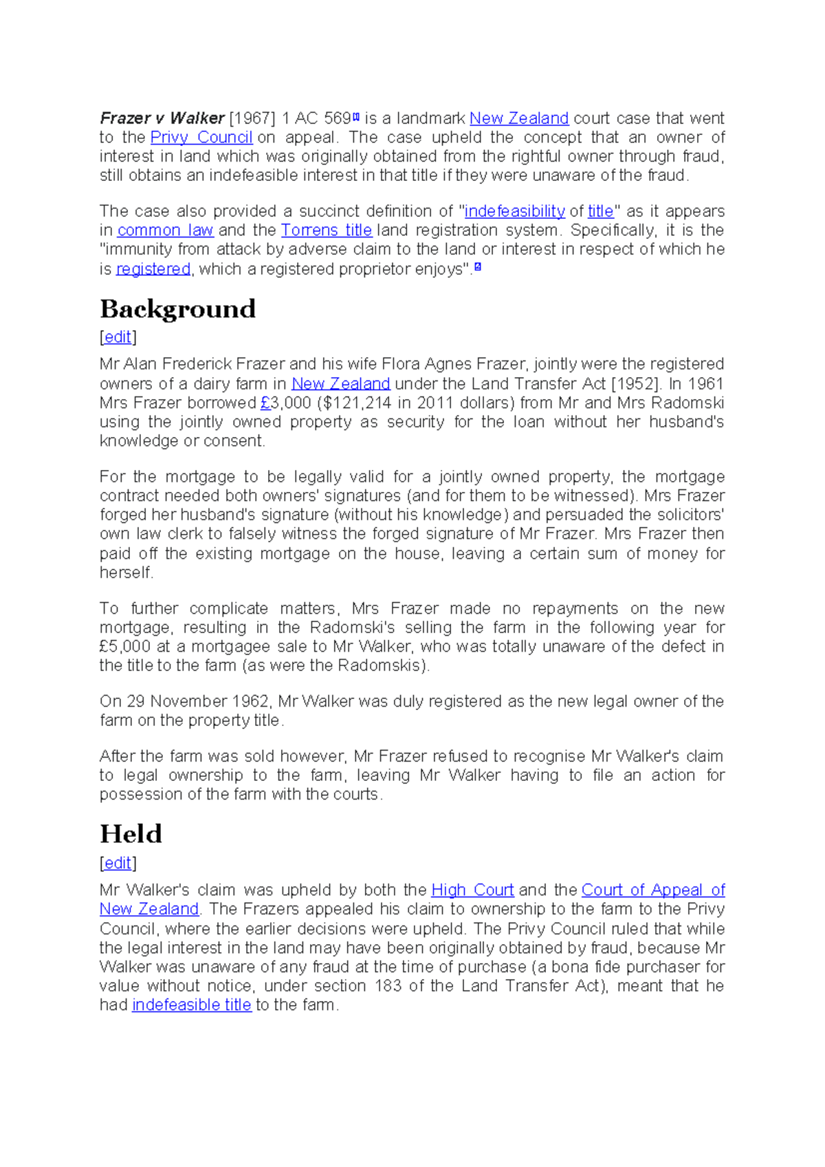 Frazer v Walker [1967] 1 AC 569: Indefeasibility of Title Case Study ...