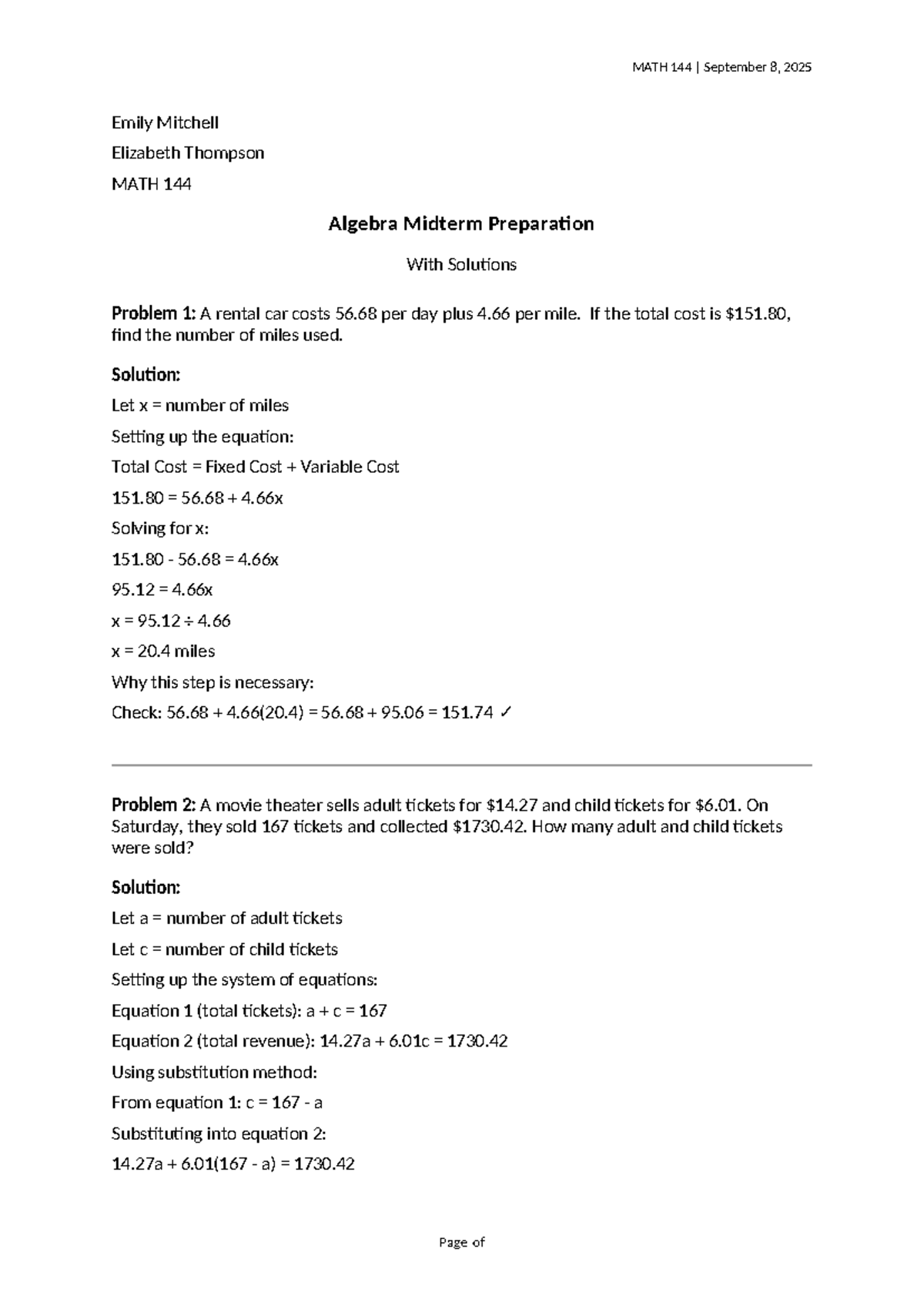 MATH 144 Algebra Midterm Prep with Solutions - September 2025 - Studocu