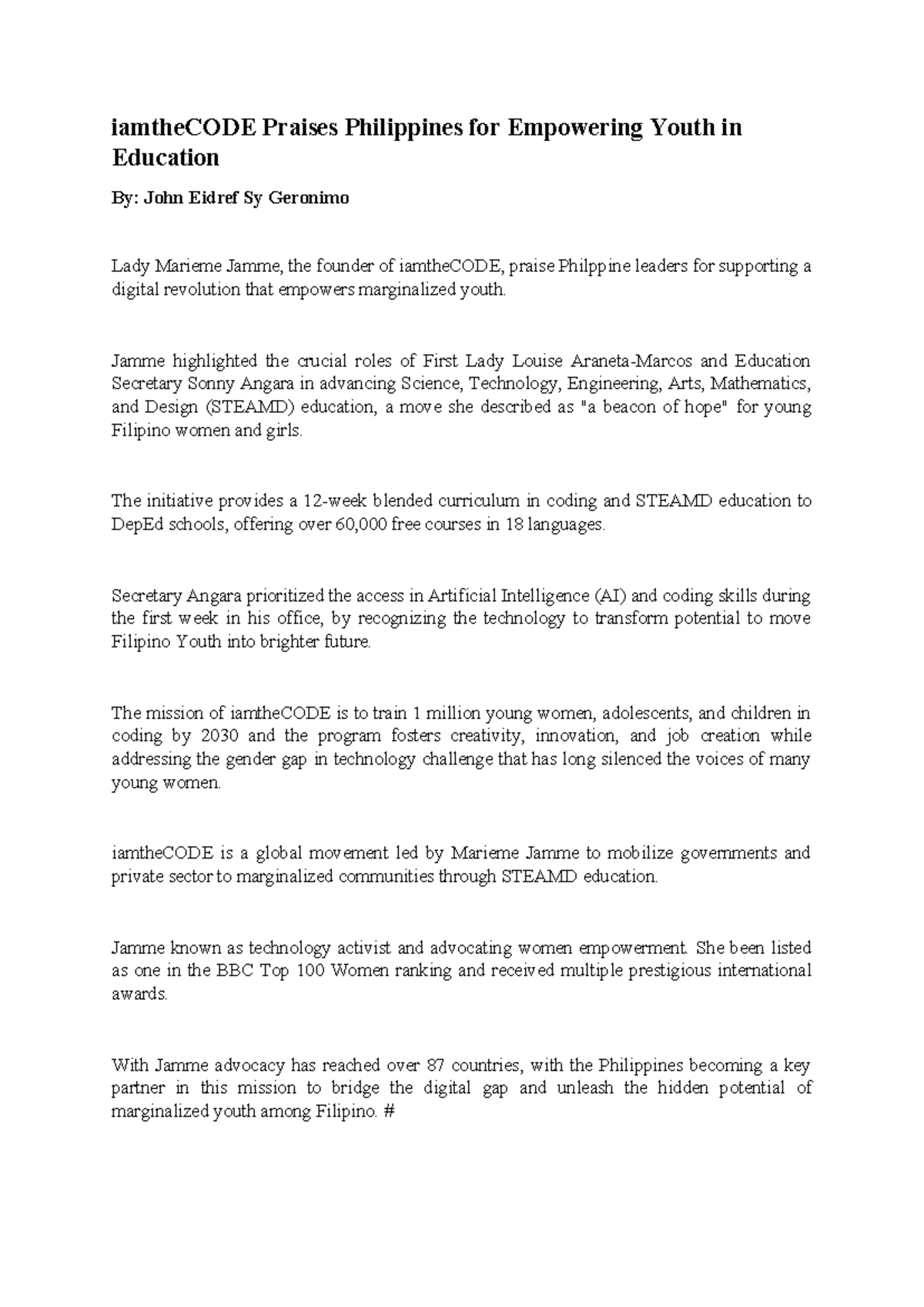 Geronimo News Article: iamtheCODE Empowers Filipino Youth Through STEAMD - Studocu