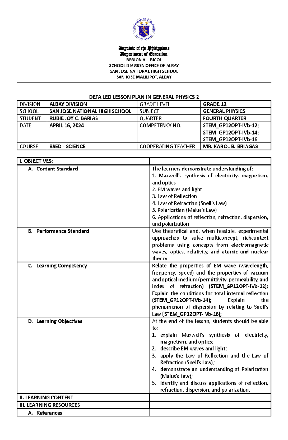 Lesson PLAN Fourth Quarter 3 Light as an Electromagnetic Wave ...