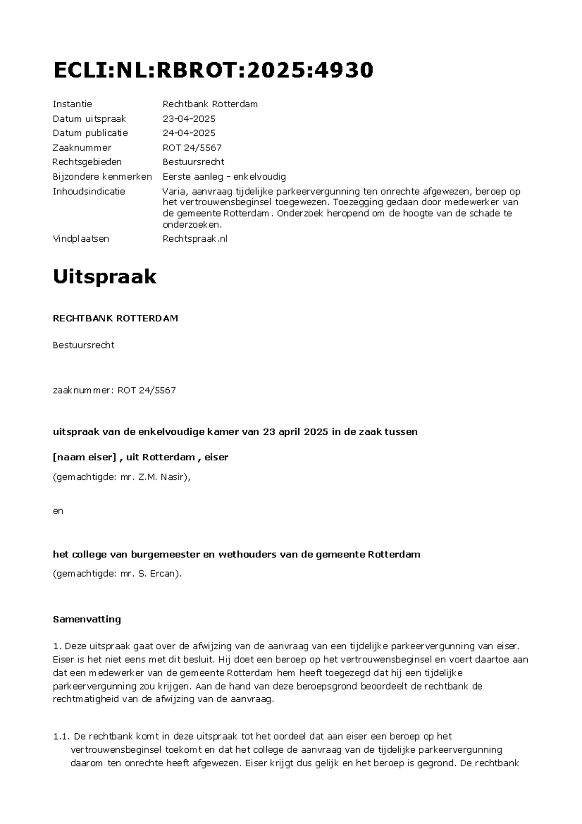 ECLI:NL:RBROT:2025:4930 - Uitspraak over Tijdelijke Parkeervergunning ...