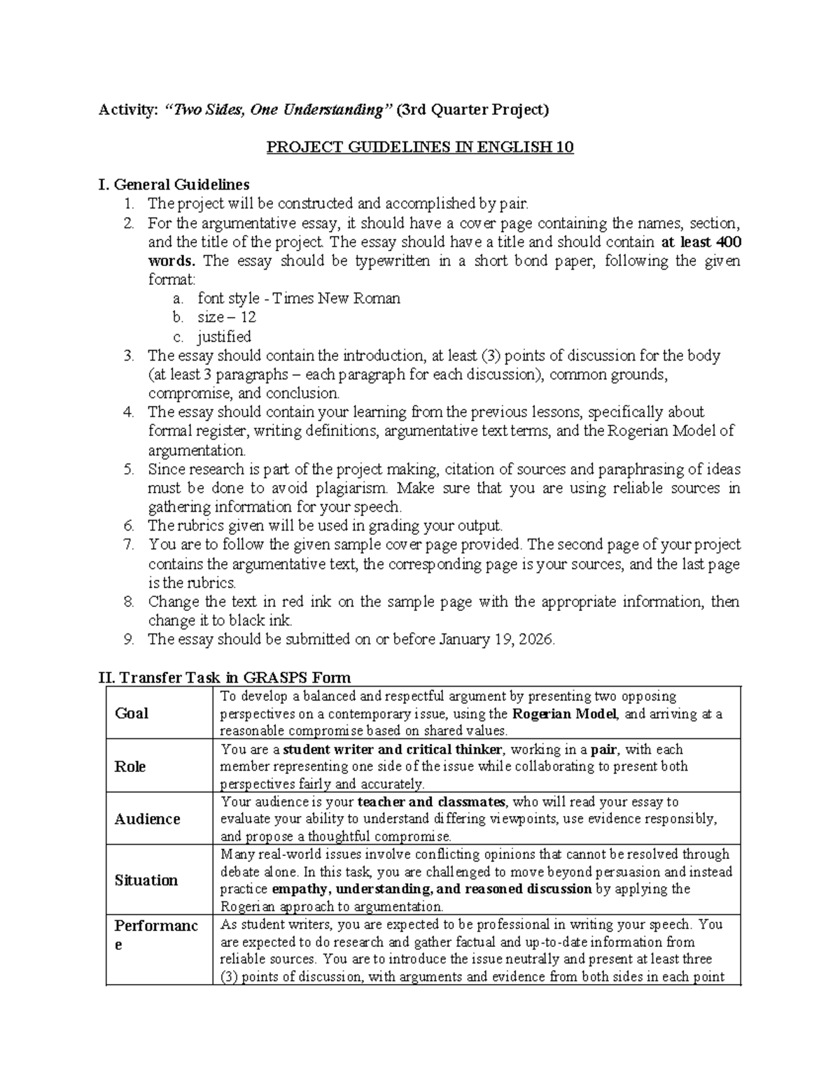 English 10: 3rd Quarter Project Guidelines for Argumentative Essay ...