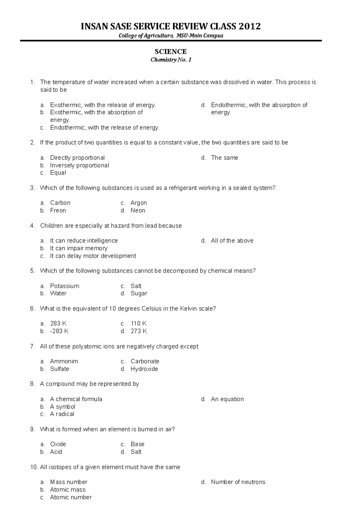 [MSU SASE] Chemistry 1 Service Review 2012 - Studocu