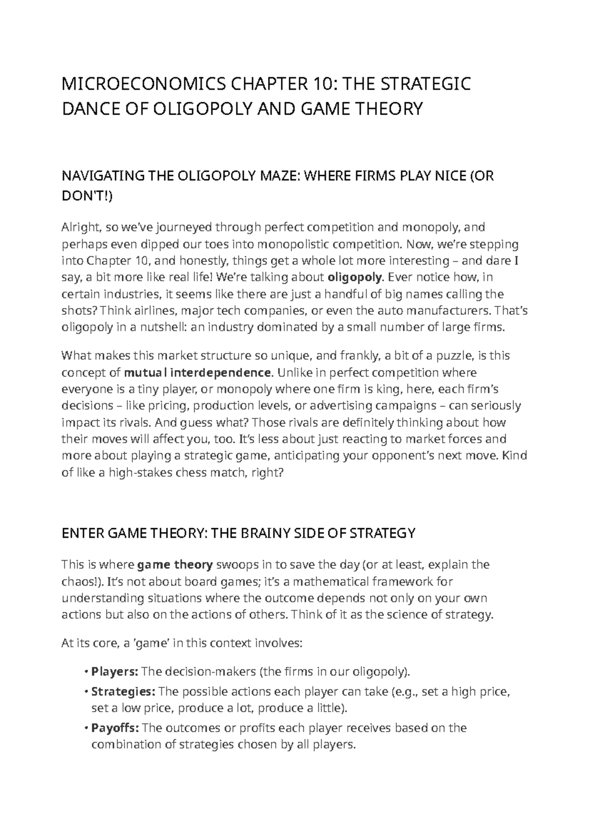 MICROECONOMICS CHAPTER 10: OLIGOPOLY AND GAME THEORY REVIEW - Studocu