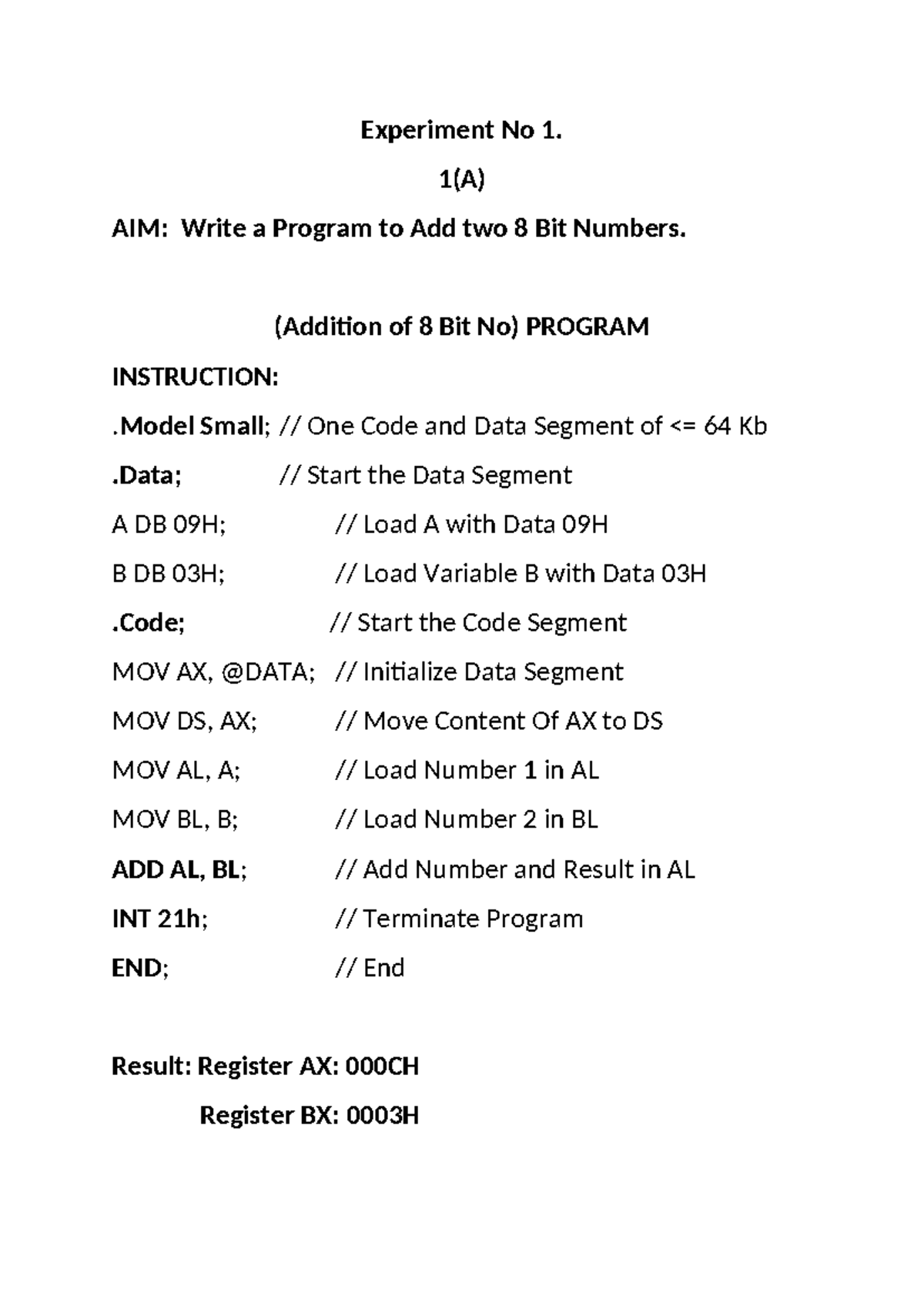 Microprocessor Lab: Programs for Arithmetic Operations and Algorithms ...