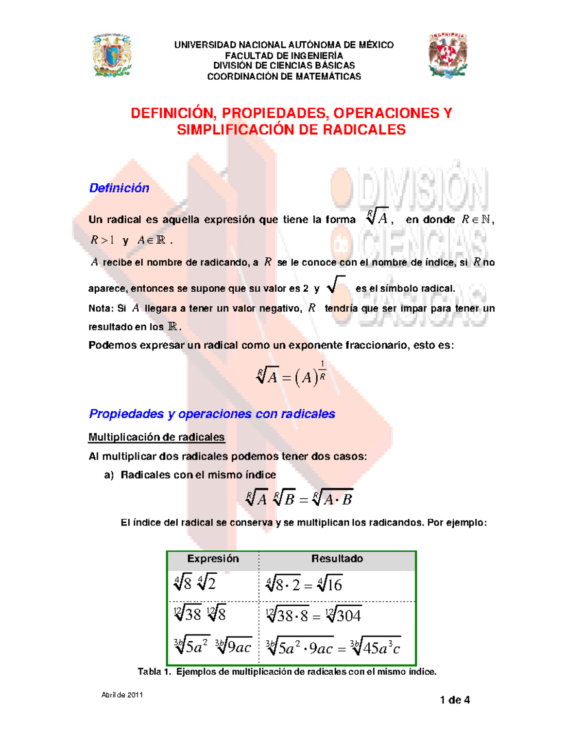 Radicales Definición, Propiedades, Operaciones - FACULTAD DE INGENIERÍA ...