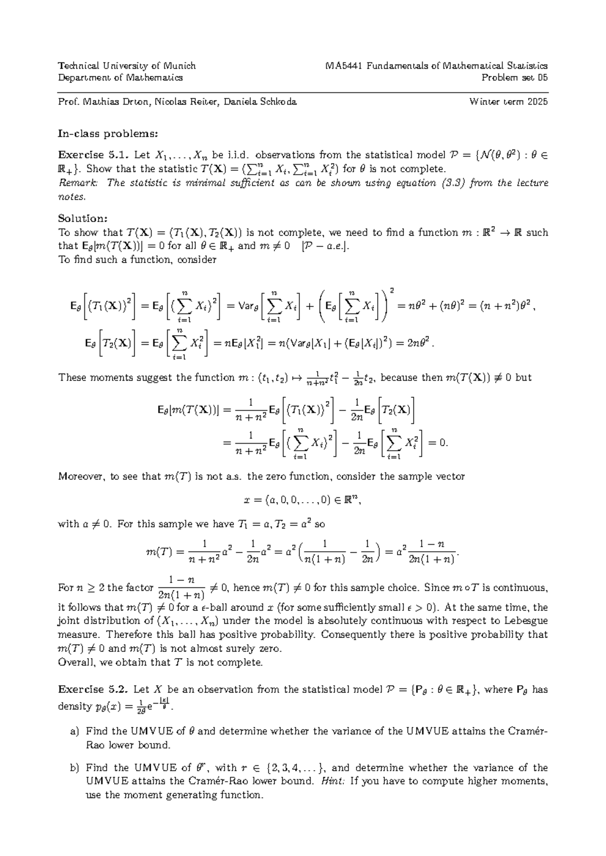 MA5441 Problem Set 05 Solutions - Mathematical Statistics - Studocu