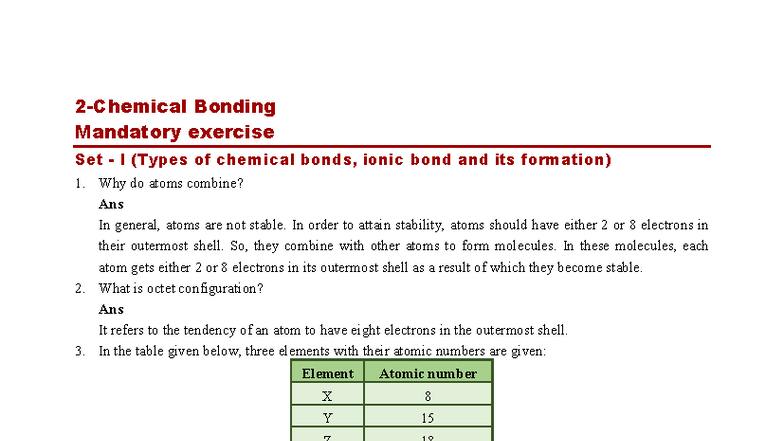 Bonding Mandatory Exercise Set I: Types of Chemical Bonds and Ionic ...