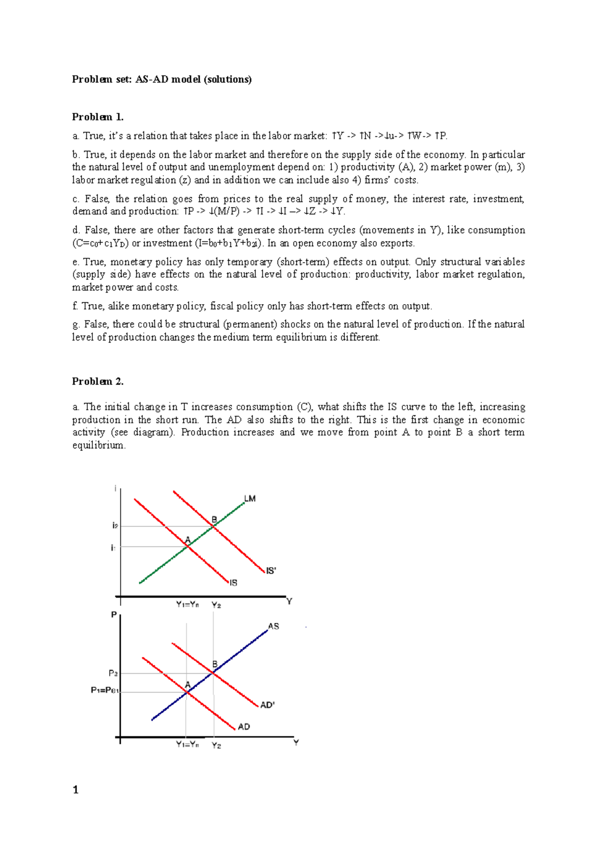 AD-AS Model Problem Set Solutions (ECON 101) - Studocu